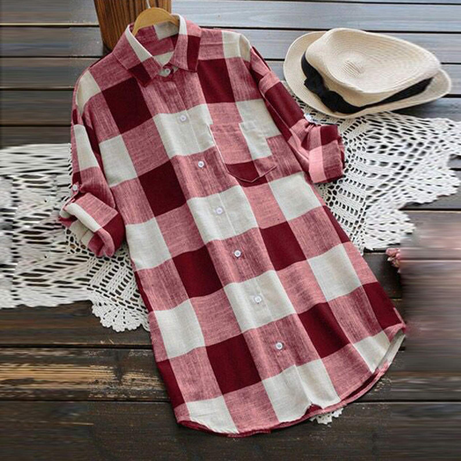 kangguolai Women Button Down Shirts Women BlouseButtons Lattice Print Shirts for Large Women,Amazon Music Subscription Red