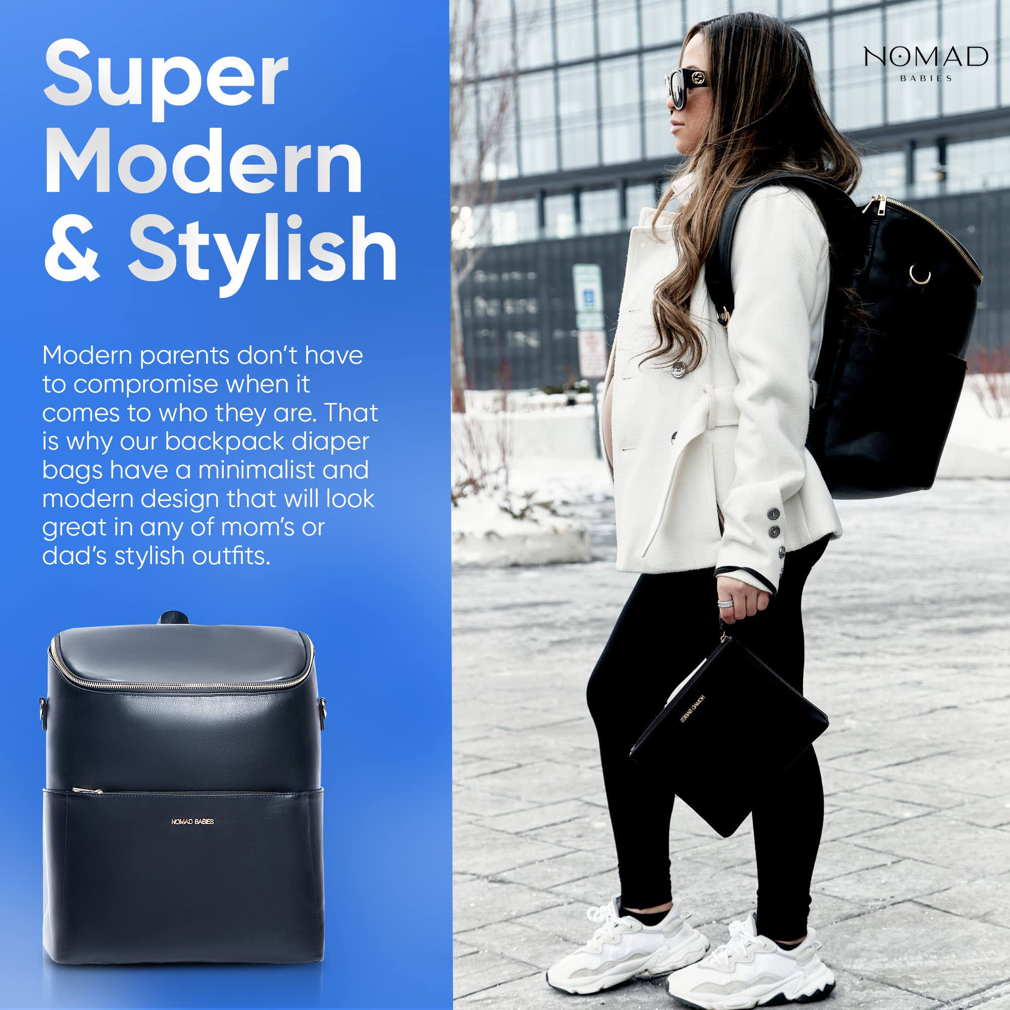 Nomad Babies | Large Leather Designer Diaper Bag Backpack with Insulated Pockets, Dry Clutch Bag, Shoulder Strap, Stroller Straps, and Changing Pad - Black