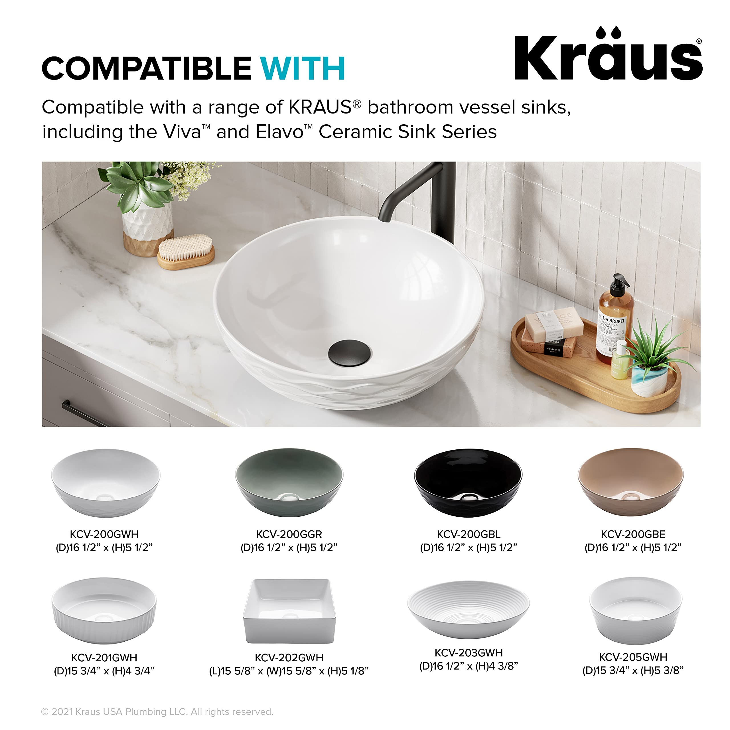 Kraus PU-L10MB Bathroom Pop-Up Drain Assembly for Vessel Sinks Without Overflow, with Extended Thread for Thicker Countertops, 10 3/4 Inch, Matte Black