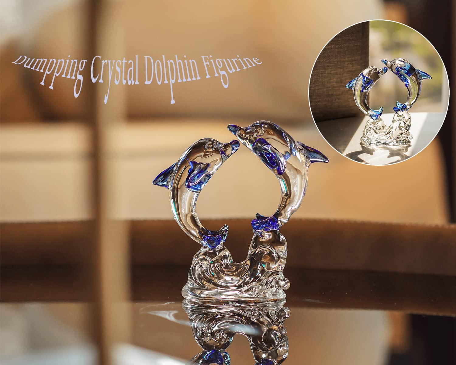 H&D HYALINE & DORA Double Crystal Glass Dolphins Figurines Collectibles, Sea Animal Sculpture Statue, Home Desk Decoration Ornaments