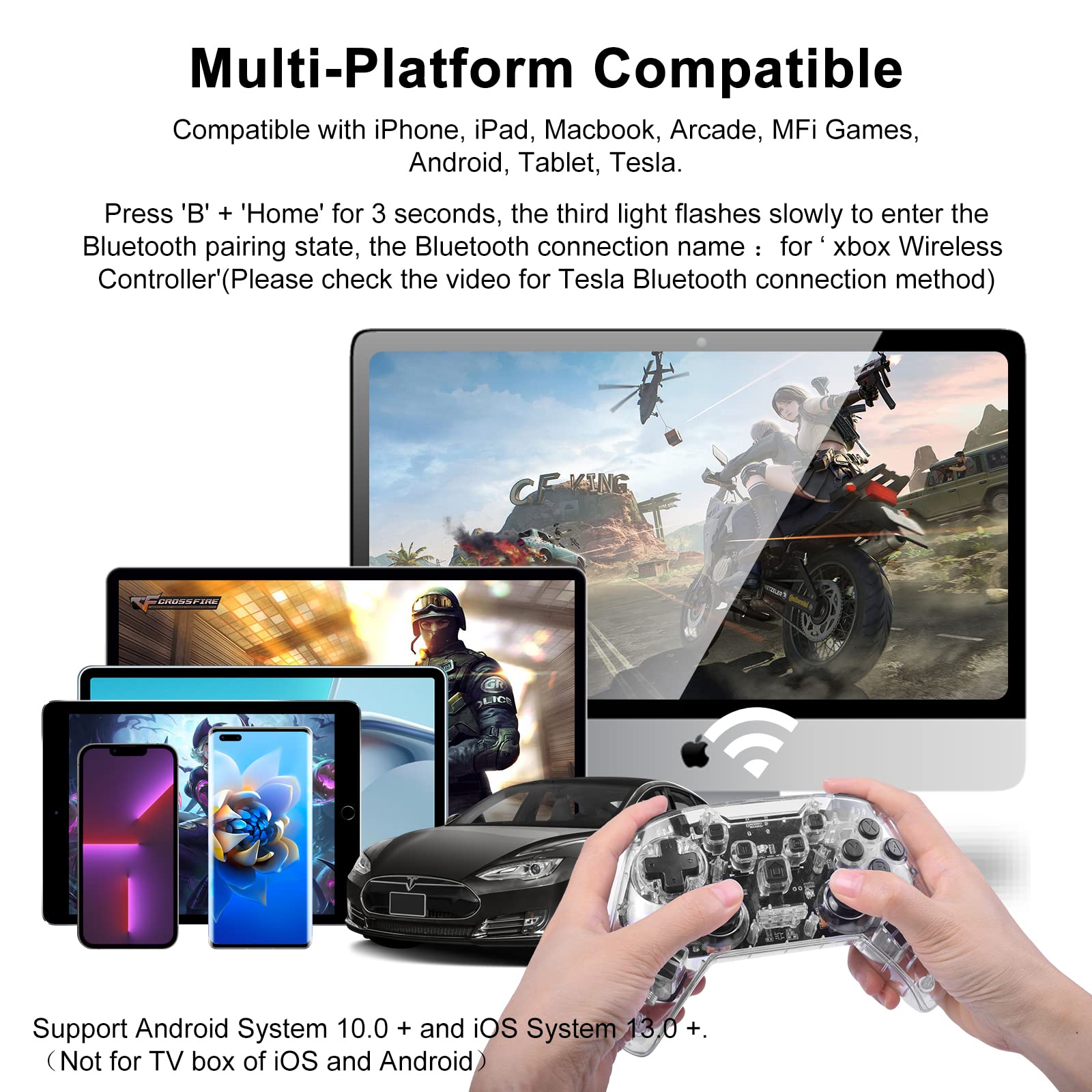 Joso Game Controller for iPhone, Android, Tesla, PC, iPad, MacBook, Transparent Bluetooth Wireless Gamepad Joystick with RGB Colorful Lights for iOS, MFi Games, Arcade, Turbo Function, Direct Play