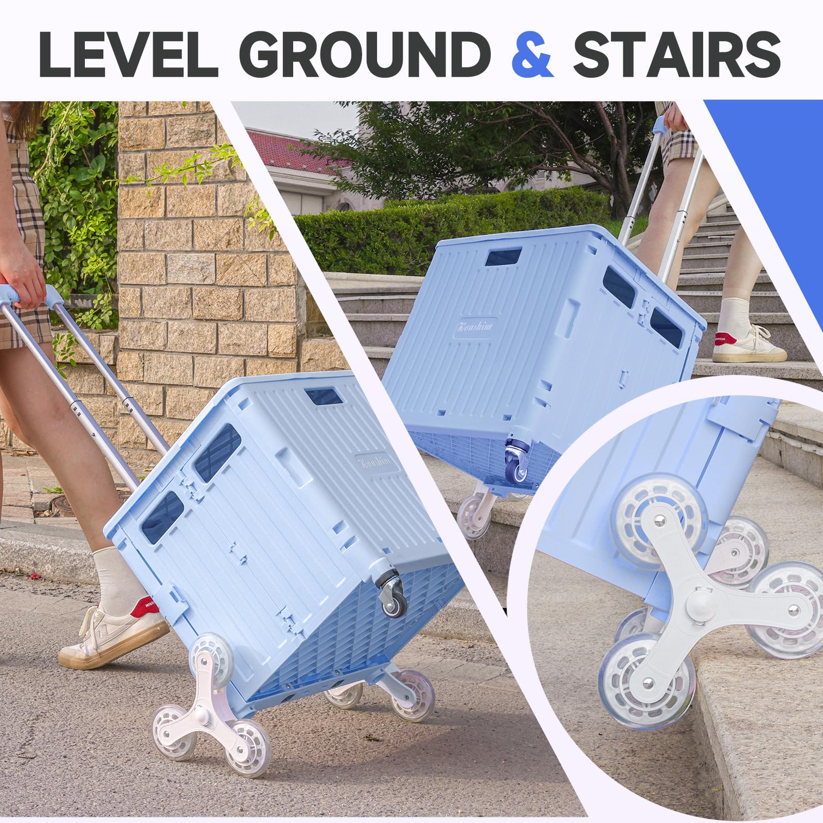 Honshine Foldable Cart with Stair Climbing Wheels, Collapsible Rolling Crate with Telescoping Handle, Handcart for Grocery Book File Tool Art Supplies with Sticker (Blue)