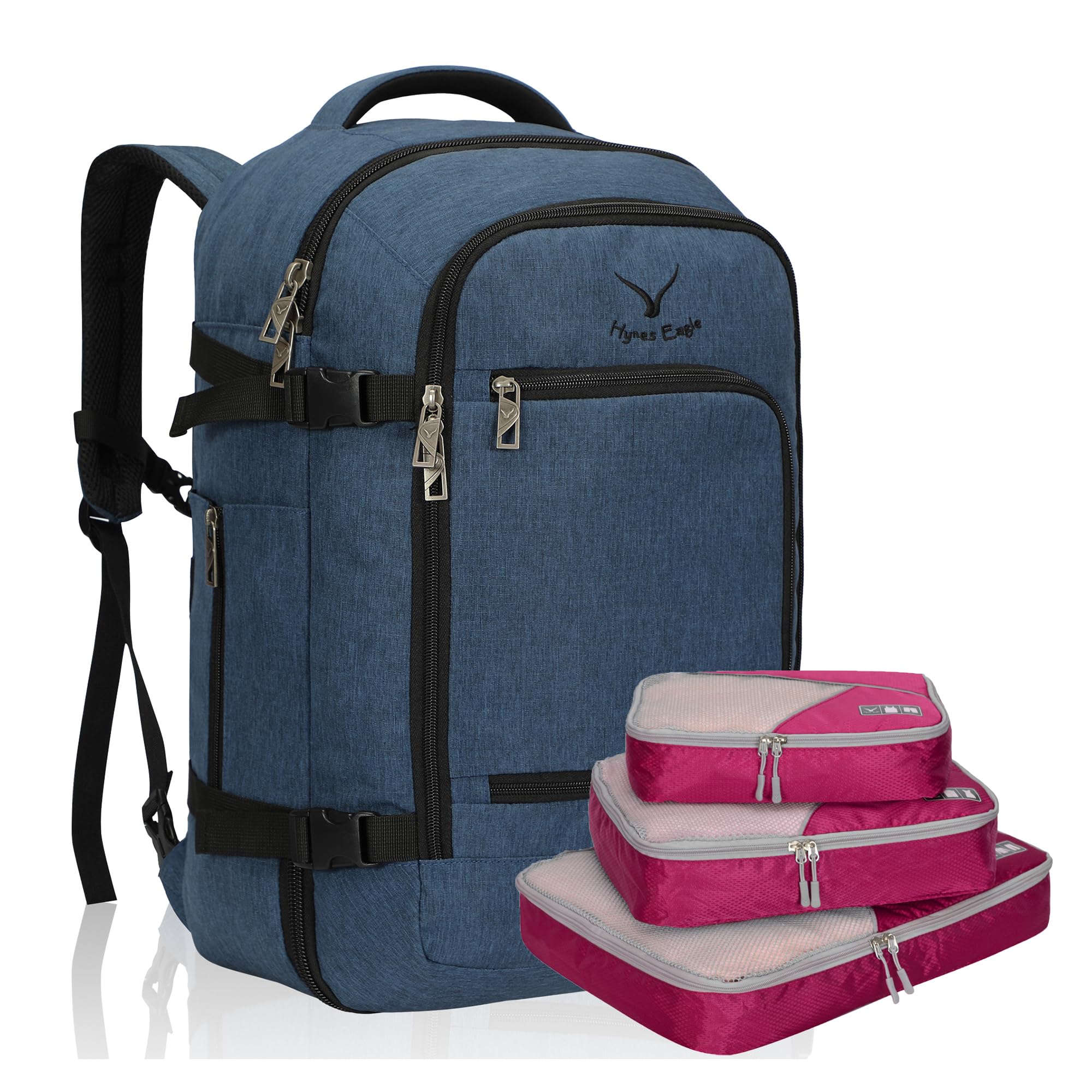 Hynes Eagle Travel Backpack 40L Flight Approved Carry on Backpack Men Large Cabin Weekender Laptop Backpack Women 15.6 inches Blue with 3PCS Packing Cubes Set Red Violet