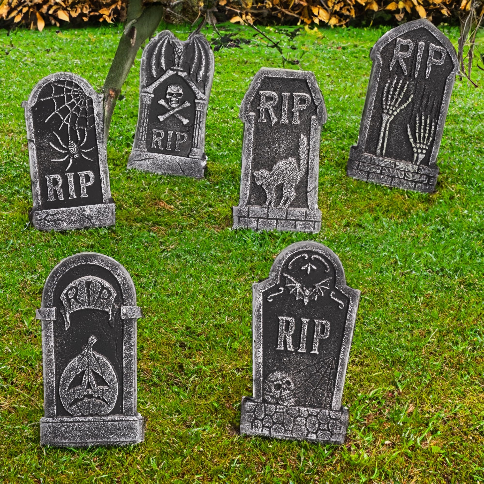 Hourleey Halloween Foam RIP Tombstones, 6 Pack 15" Graveyard Headstone Decorations Outdoor for Halloween Lawn Yard Garden Tombstone Decor