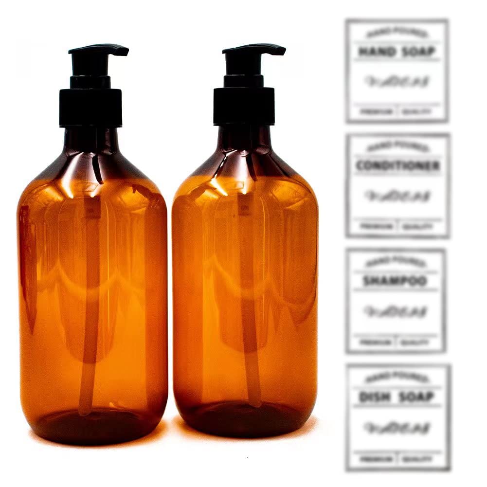 Pump Dispensers 2pack Large, 16 oz, Empty, Amber Plastic Bottles with Black Lotion Pumps Empty Plastic Refillable Lotion Soap Shampoo Bottles Dispenser