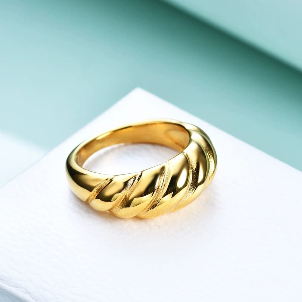 JILIYUPA 14K Gold Plated Croissant Dome Ring Twisted Braided Gold Plated Ring | Chunky Signet Ring, Signet Chunky Dome Ring Stacking Band for Women (Gold, 8)
