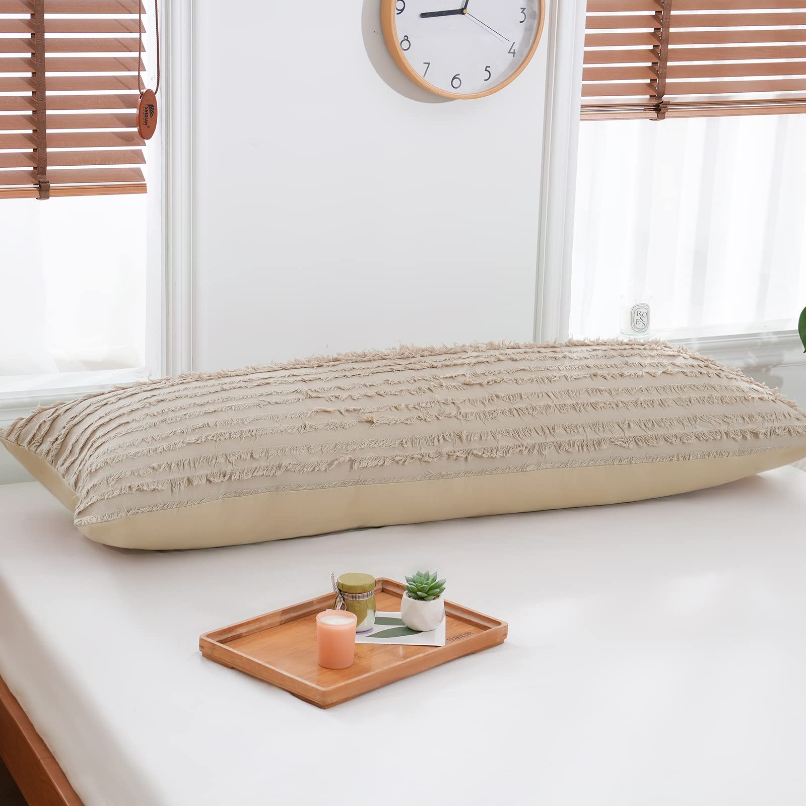 Herside Beige Body Pillow Cover Tufted Boho Body Pillow Pillowcases 20x54 Inches Long Pillow for Bed Decorative Pillow Case Stripes Tassel Jacquard Beige Pillowcase 1 Piece(Beige,Body)