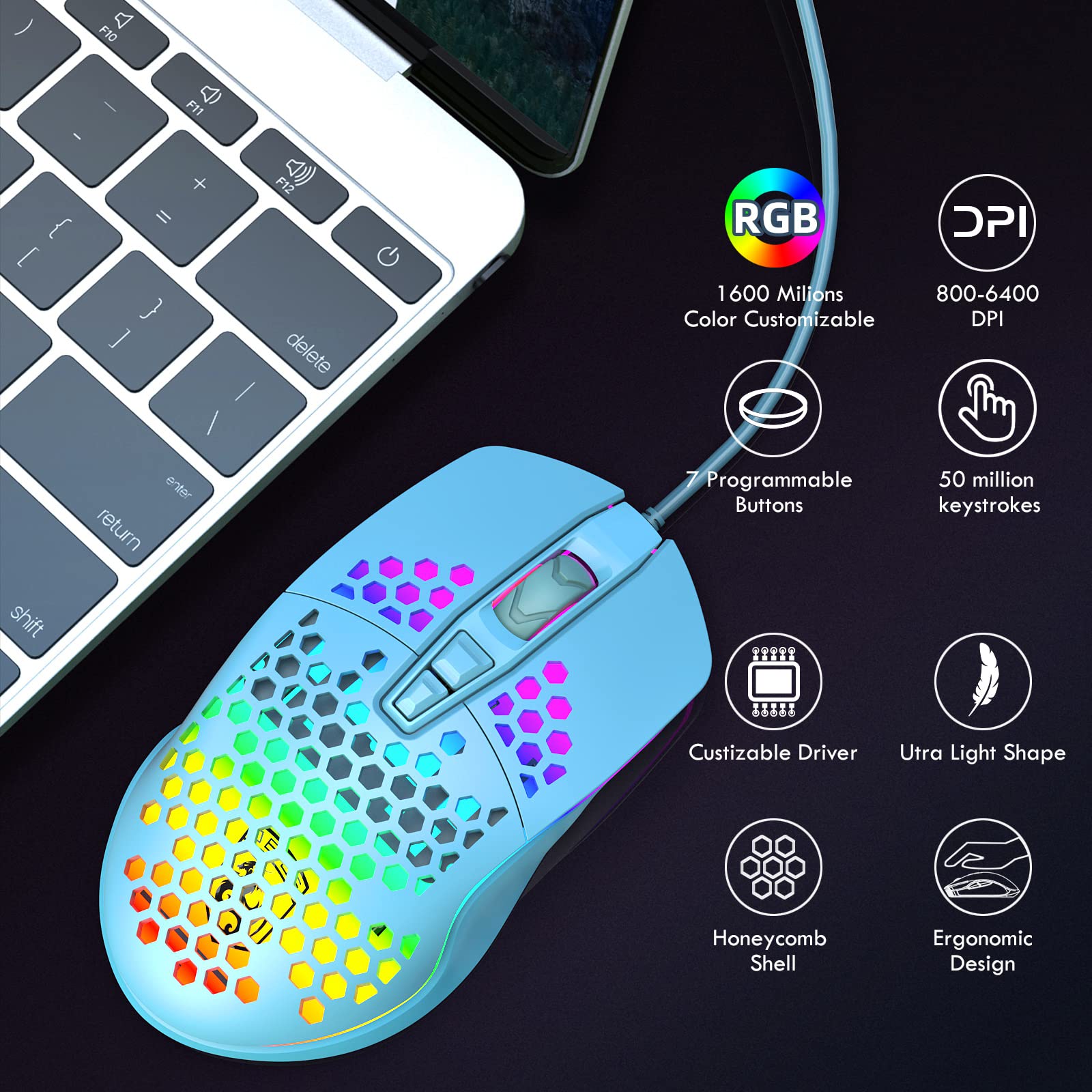 HETOETF Lightweight Gaming Mouse, Wired USB PC Gaming Mice with Ultralight Honeycomb Shell, RGB Chroma LED Light, 6400 DPI Adjustable, Pixart 3325, Programmable 7 Buttons Mouse for Windows 7/8/10/XP