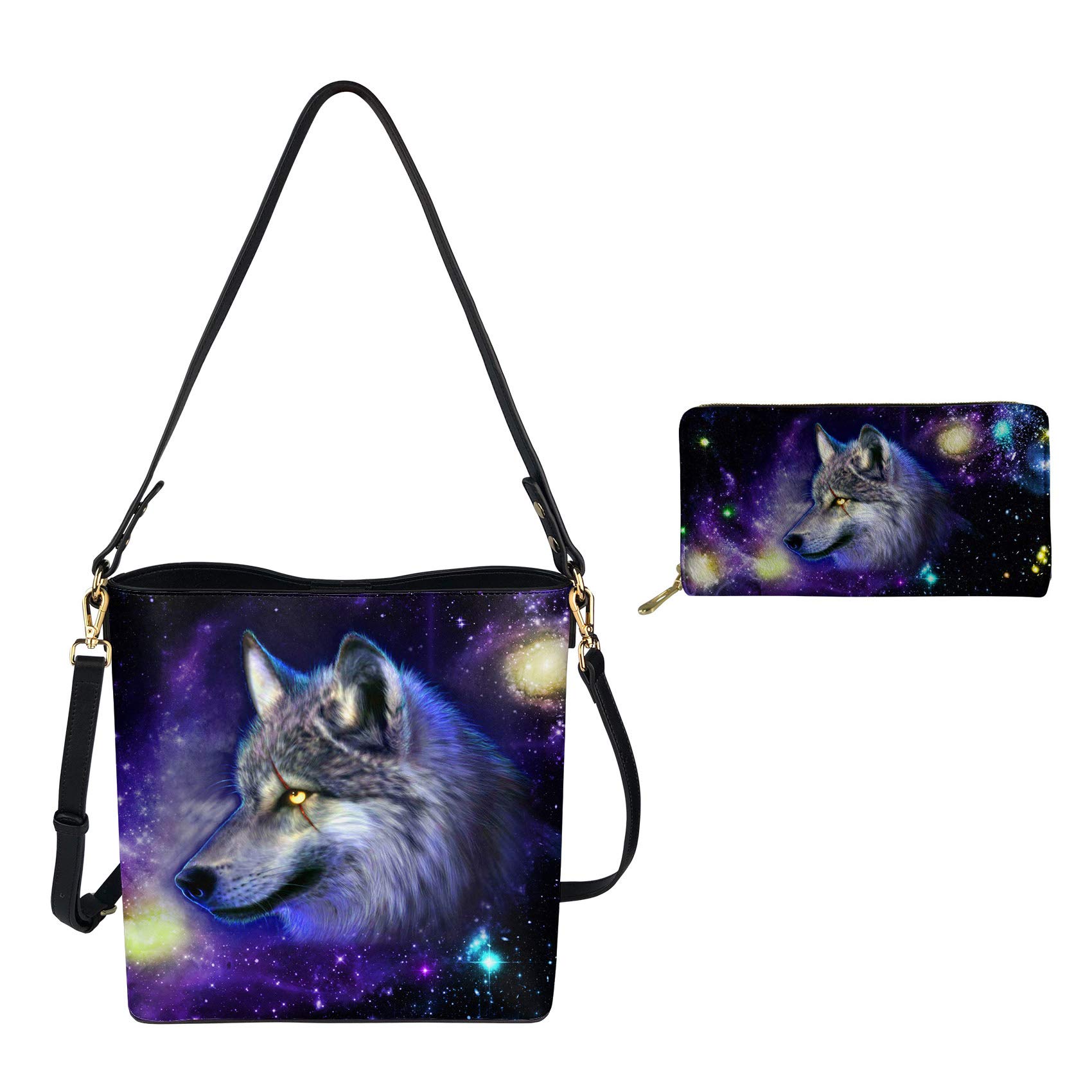 HUGS IDEA Large Capacity Womens Handbag Tote Satchel Hobo Bucket Purse with Slim Wallet 2 Packs Universe Galaxy Wolf Pattern Shoulder Portable
