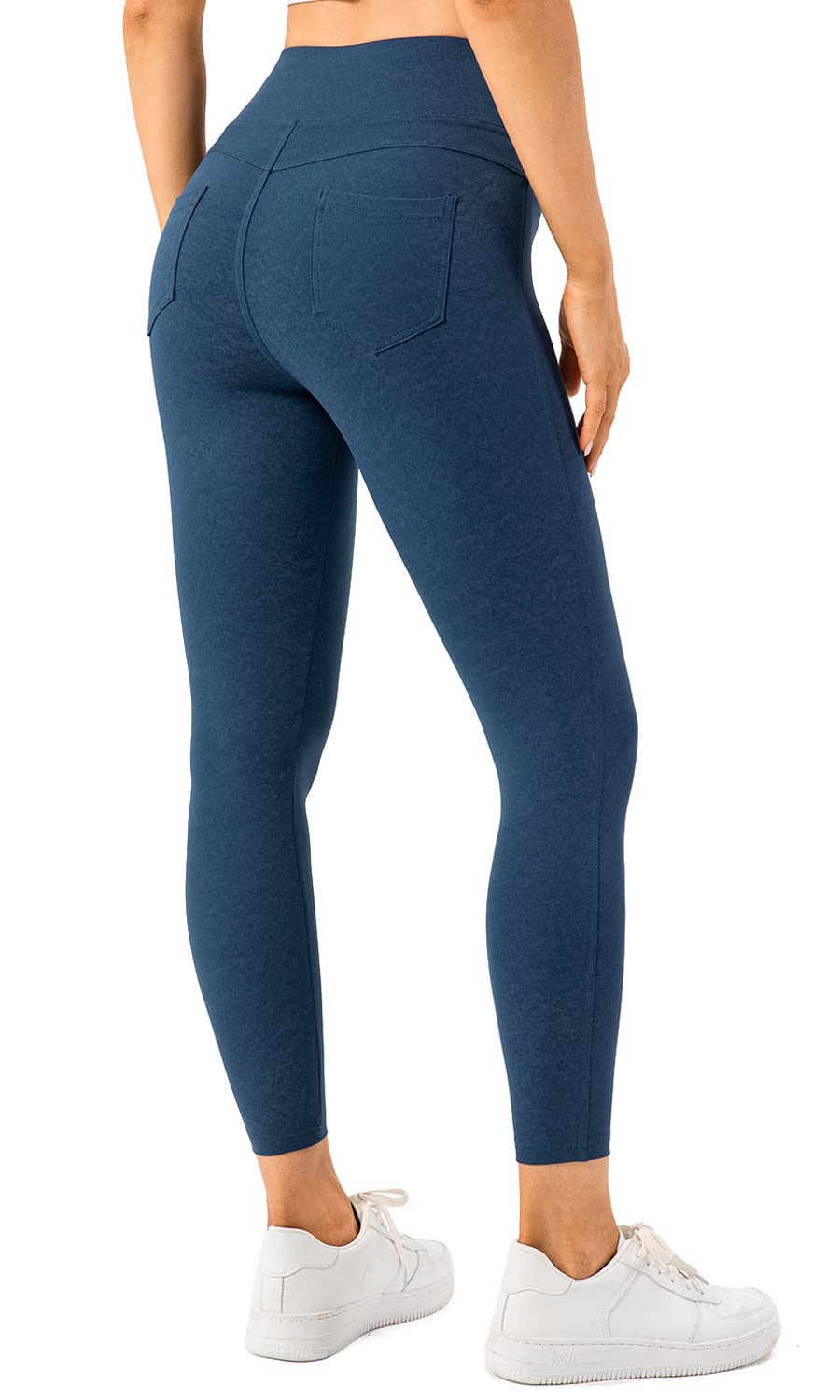 Lavento Women's Stretch Jean Leggings 23" - Mid-Rise Yoga Jeggings with Rear Pockets (Black, 6)