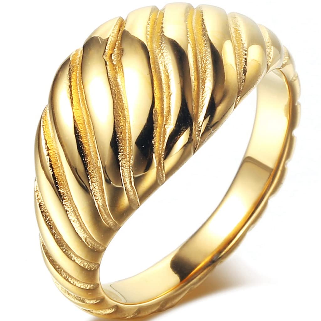 Jude Jewelers Stainless Steel Wave Grooved Dome Wedding Band Statement Promise Anniversary Engagement Ring (Gold, 6)