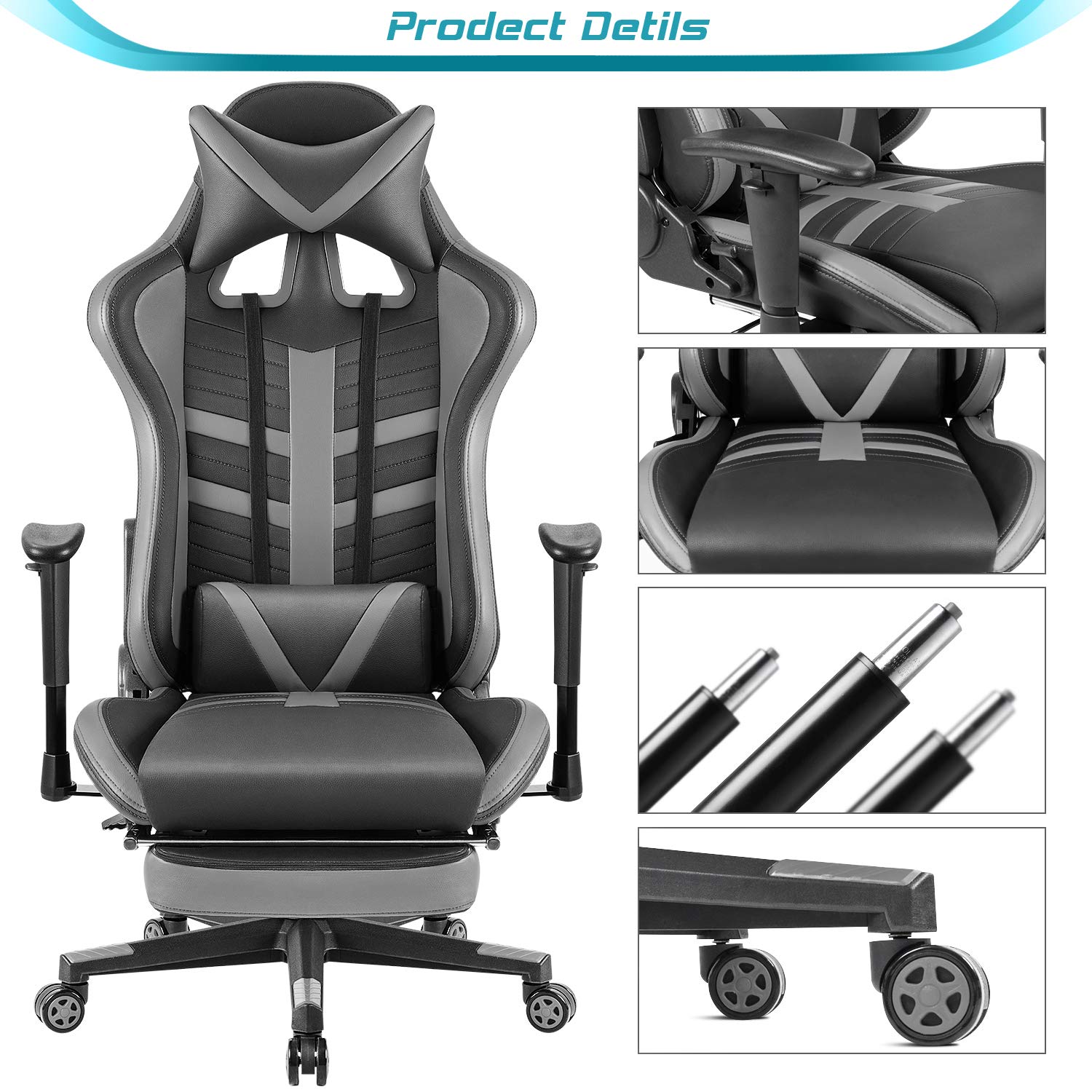 Homall Ergonomic High-Back Racing Chair | Leather Bucket Seat, Headrest, Footrest and Lumbar Support | Black & White
