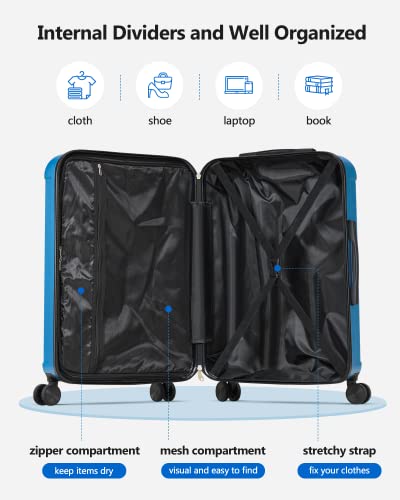 SunnyTour Hardside Luggage Sets with Tag, Luggage 3 Piece Set with Double Spinner Wheels, 28" Expandable Checked Luggage, Blue