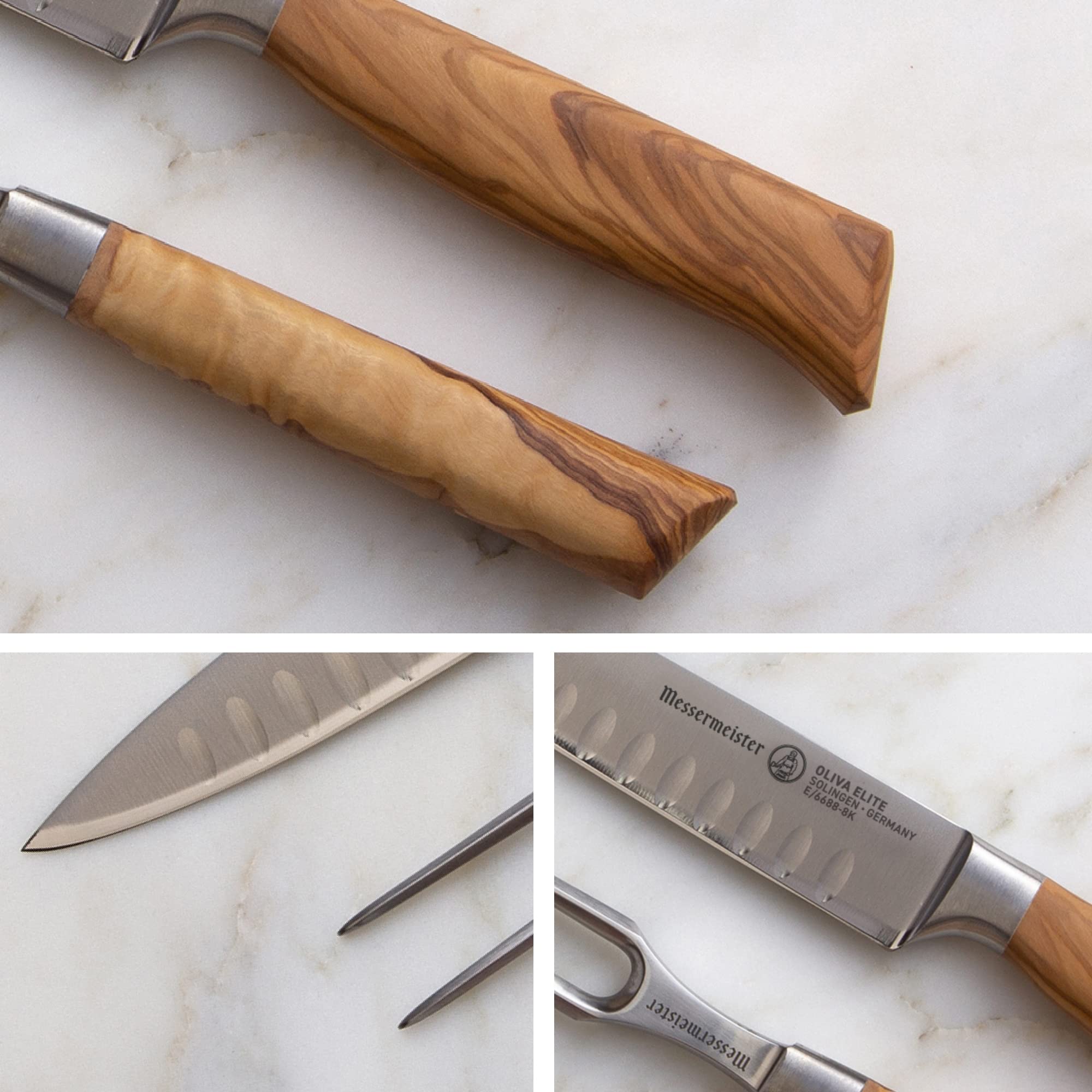 Messermeister Oliva Elite Kullenschliff Carving Knife Set - Includes 8โ Kullenschliff Carving Knife & 6โ Straight Carving Fork - German Steel Alloy Blade & Mediterranean Wood Handle
