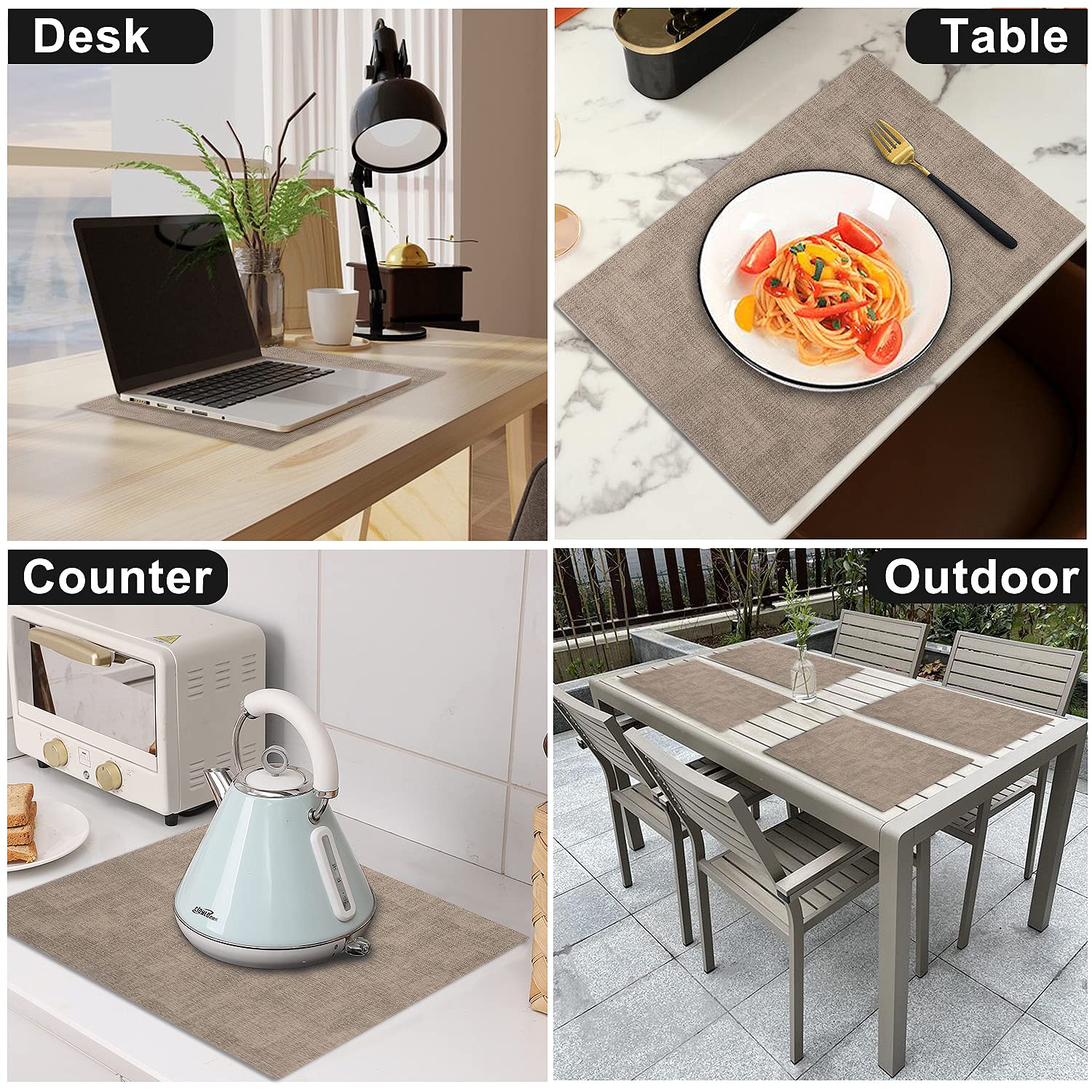 LANDVIEW Leather Heat Resistant Placemats Set of 6 Waterproof Wipeable Washable PU Table Mats,Easy to Clean Anti-Slip Place Mats (Light Brown, 6)