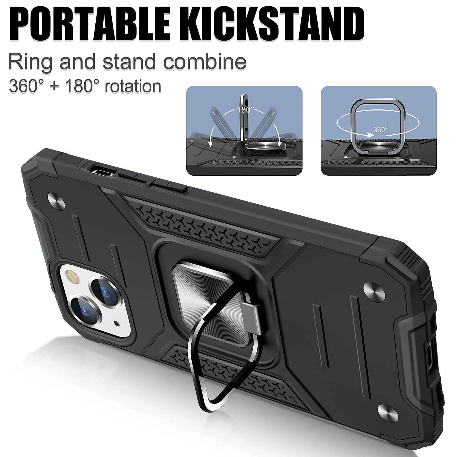 JAME for iPhone 13 Case with Screen Protector [2 Pcs], Slim Soft Bumper Case for iPhone 13, Heavy-Duty Protection Phone Case for iPhone 13 with Ring Holder Kickstand Case for iPhone 13 6.1 Inch, Black