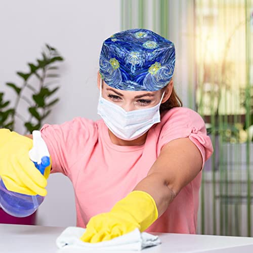 Mersov Bouffant Caps with Button, Surgical Scrub Cap for Men Women, 2 Pieces Blue Starry Sky Space Galaxy Working Hat Tie Back Hat, Medium-3X-Large