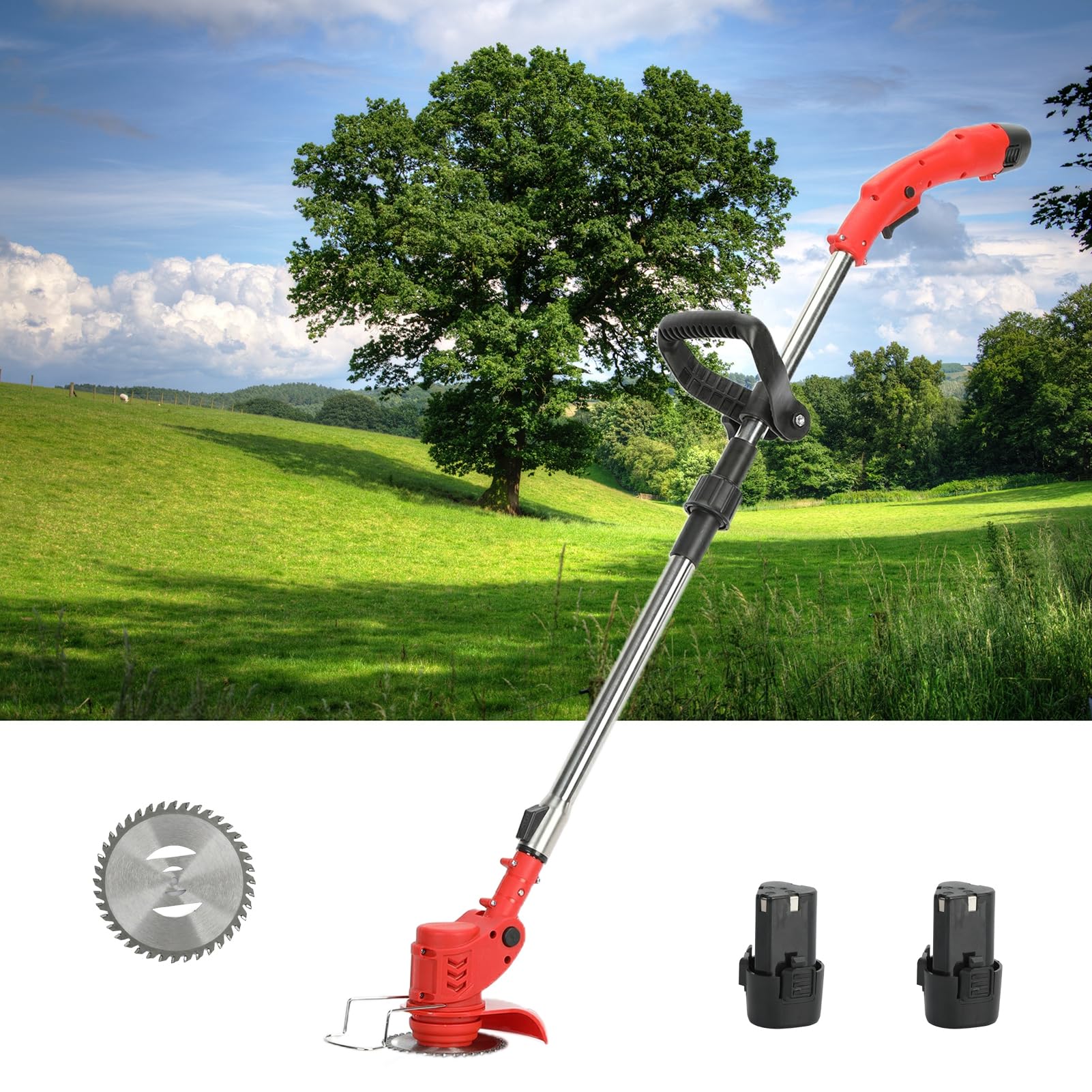 Hesitroad Electric Grass Trimmer, Anti-Slip Handle Electric Weed Eater Cordless Telescopic Rod Brush Cutter Multi-Purpose String Trimmer Lawn Mower for Garden 12V 2000mAh 2 Batteries 1 Charger R