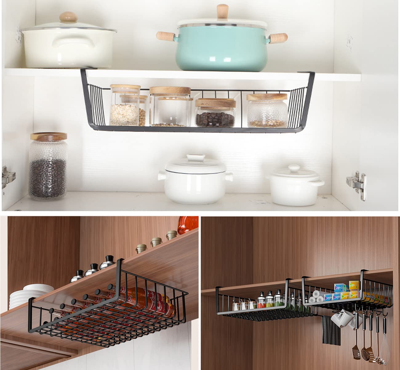 Jibri Under shelf Storage Basket, 2 Pack Under Cabinet Shelf Hanging Kitchen Baskets for Pantry Office Bathroom Bookshelf Under Shelf Organizer, Black