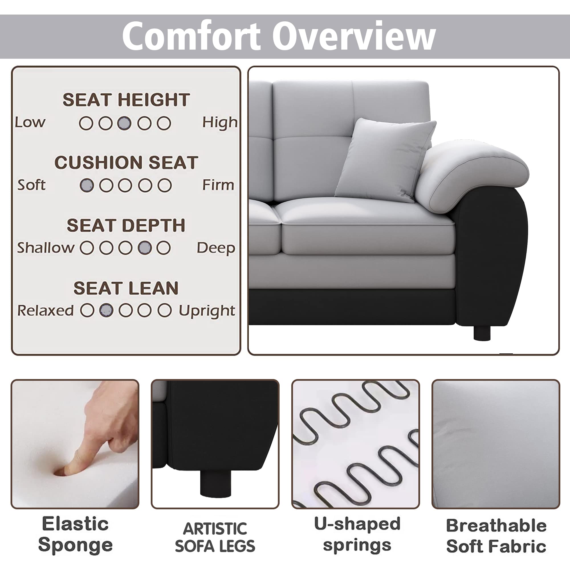 PHOYAL 3 Seater Sofa, 81.8β Modern Futon Sofa Bed Mid-Century Sofa with Two Pillows Velvet Upholstered Sofa, PU Armrest and Base for Living Room, Bedroom, Apartment, Grey