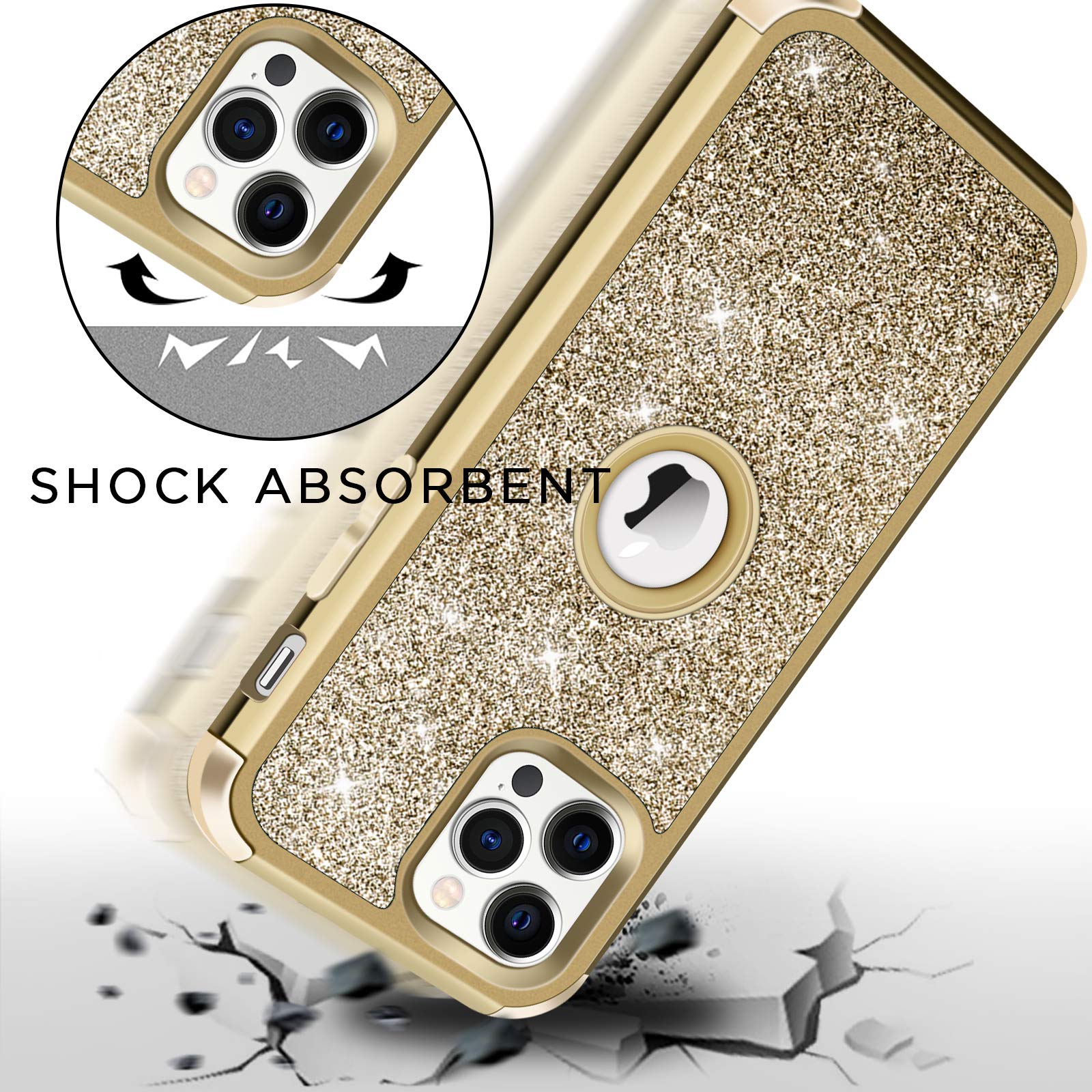 Hython Compatible with iPhone 12 Pro Max Case, Heavy Duty Defender Protective Case Bling Glitter Sparkle Hard Shell Hybrid Shockproof Rubber Bumper Cover for iPhone 12 Pro Max 6.7-inch 2020, Gold