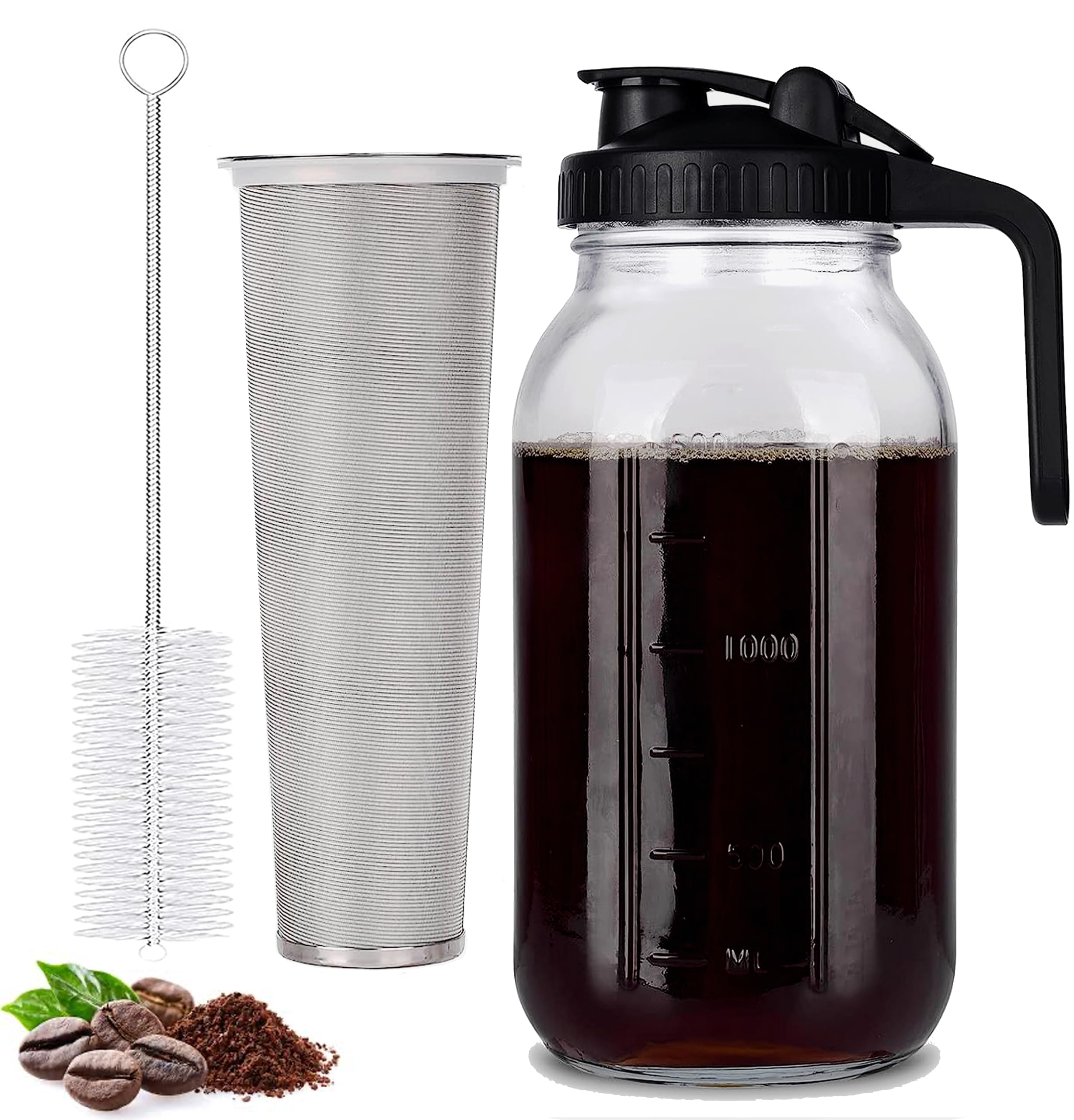 JavaSun Cold Brew Coffee Maker - 64oz Mason Jar Pitcher with Premium Stainless Steel Filter and Handle for Iced Coffee, Iced Tea, Homemade Fruit Drinks (64 oz)