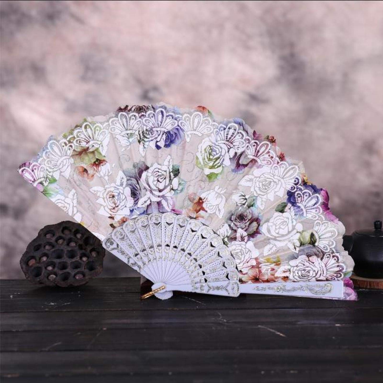 IADZ Folding Fan,Pattern Hand Fan Silk Bamboo Folding Hand Folded for Church Wedding Dance Party Colorful Lace Silk Folding Handmade