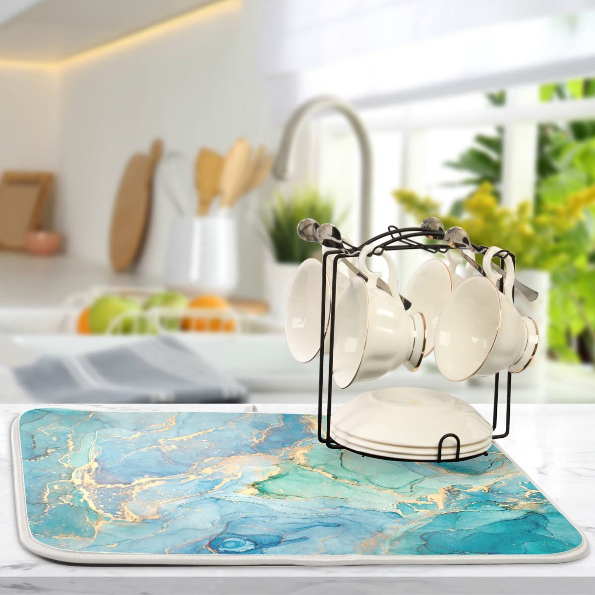 Marble Dish Drying Mat for Kitchen Counter Blue Teal Turquoise Gold Drying Mat 18 x 24 Inch with High Absorbent Reversible Microfiber Dish Drying Pad Dish Rack Pad Drainer Mat for Coffee Bar
