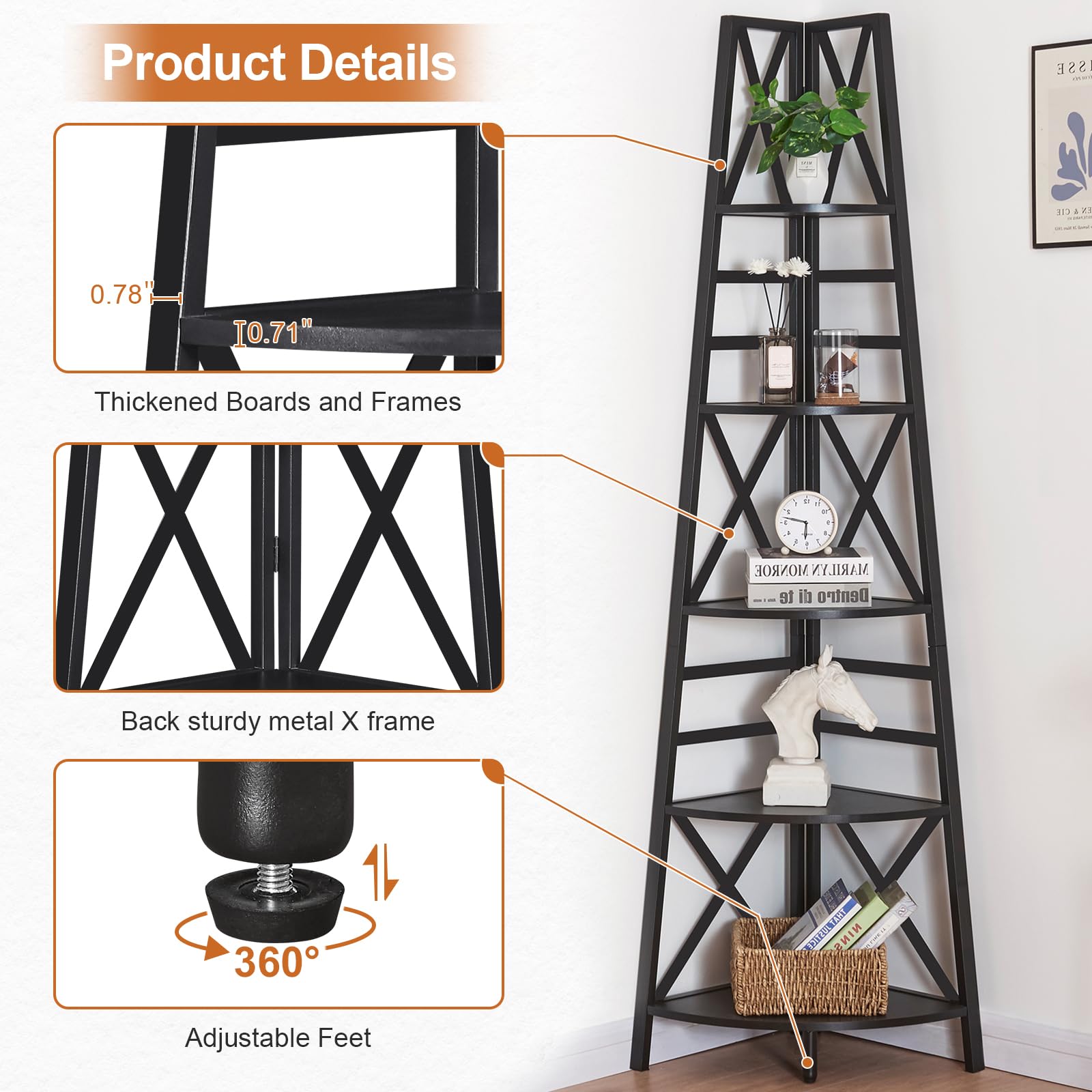 HOMBAZAAR 5-Shelf Industrial Corner Bookcase and Shelf, Standing Tall Corner Bookshelf Display Unit Storage Rack for Home Livingroom Small Space, Retro Brown Finish