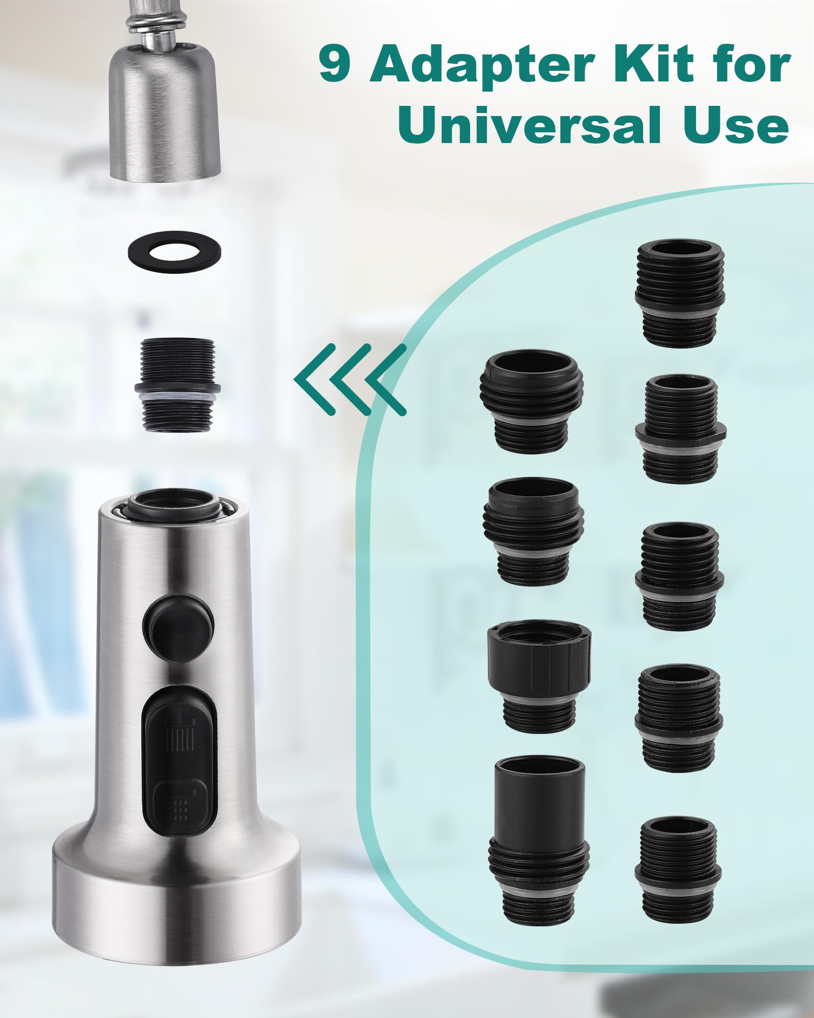 Pull Down Faucet Head Replacement: 3-Function Kitchen Faucet Sprayer Head Replacement with 9 Adapters - Brushed Nickel Sink Faucet Head Compatible with Moen, Delta, American Standard Faucets