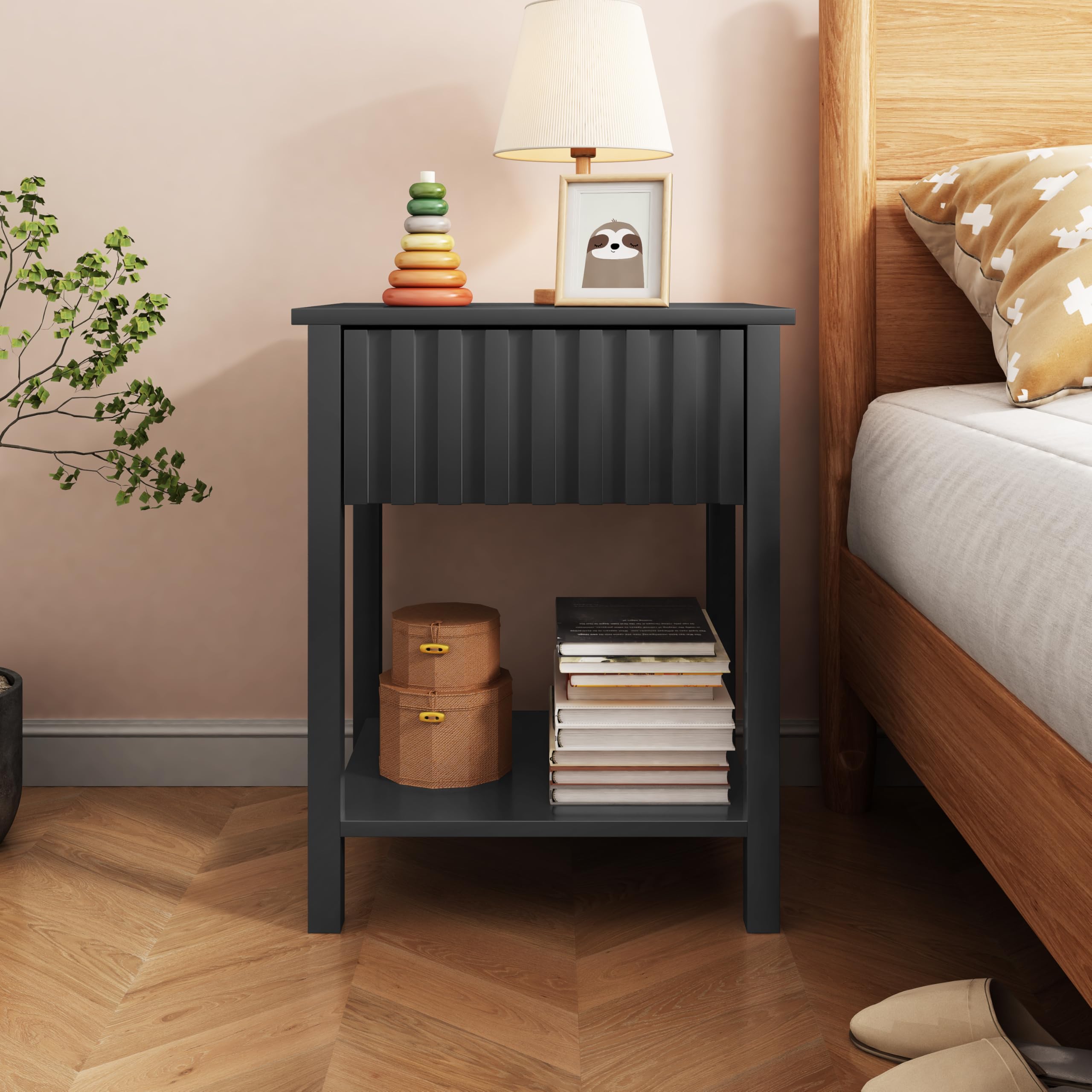 PHOYAL Nightstand, Side Table with Drawer Modern End Table with Storage Accent Bedside Farmhouse Tables Accent Table for Living Room, Bedroom and Small Space (Walnut X 2)