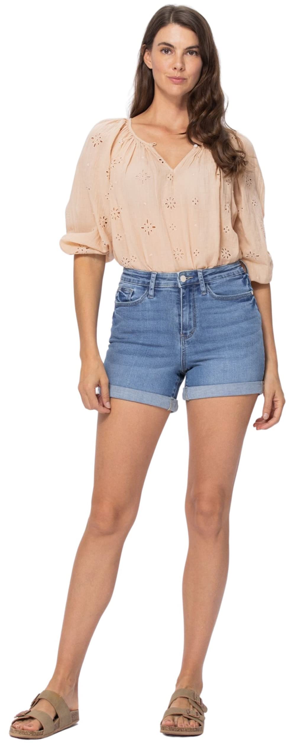 Judy Blue Women's High Rise Open Seam Cuffed Shorts (2XL, Light Blue)