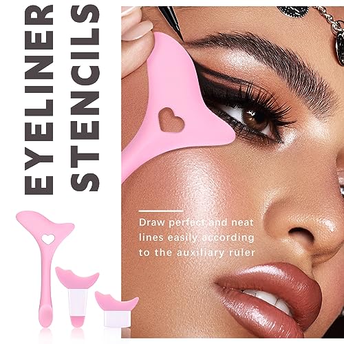 HOSAILY 3 Pcs Eyeliner Stencils Reusable Silicone Eyeliner Aid Mascara Shield Applicator Guide Tool Multifunctional Winged Eyeliner Eyelash Eyeshadow Lipstick Eye Makeup Tool for Women, Beginners (Pink)
