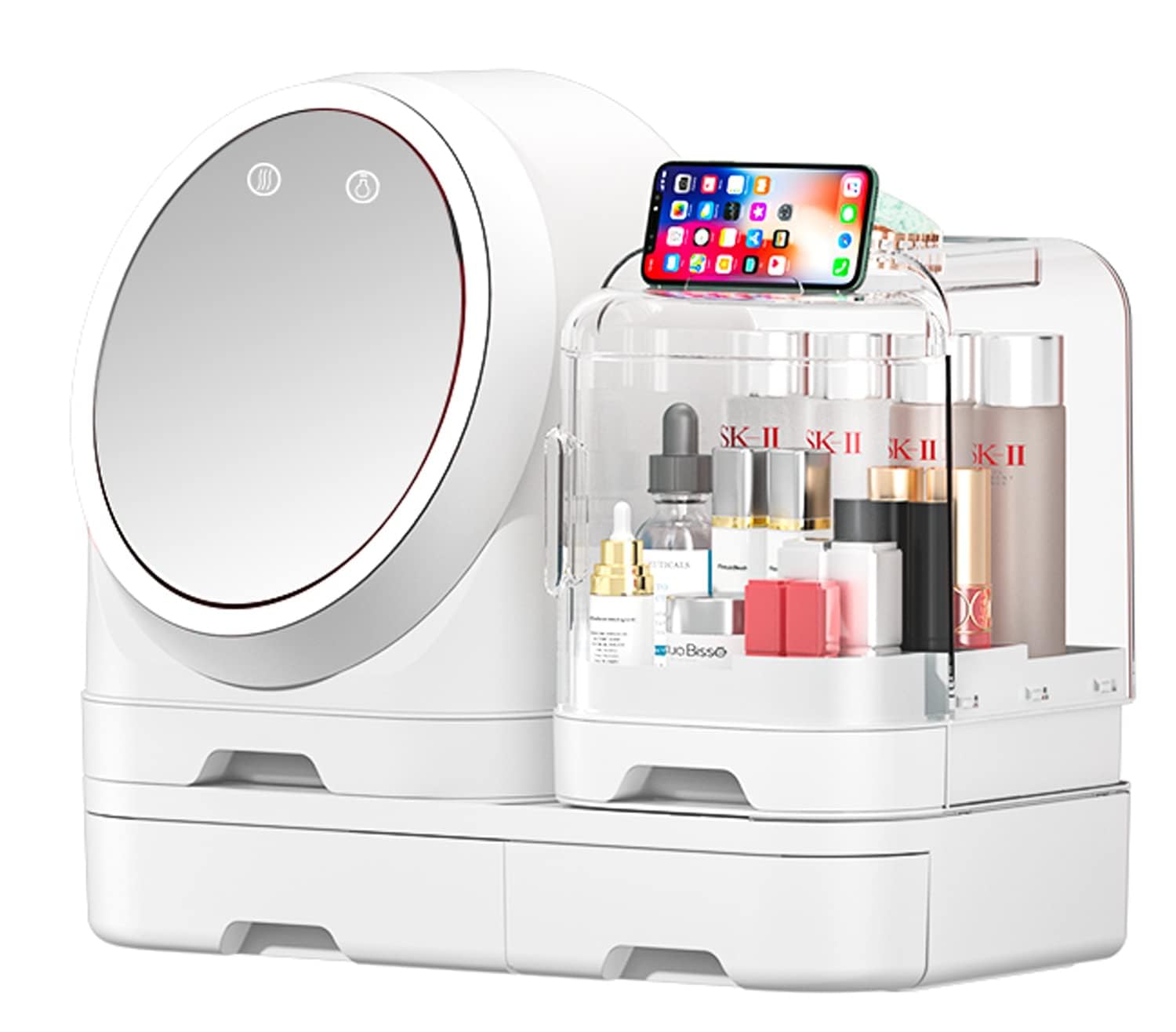 Miss Puff Makeup Organizer with LED Mirror and Fan, Large Capacity Cosmetic Storage Display Case, Waterproof and Dustproof Skincare Organizer for Bathroom and Vanity Dresser