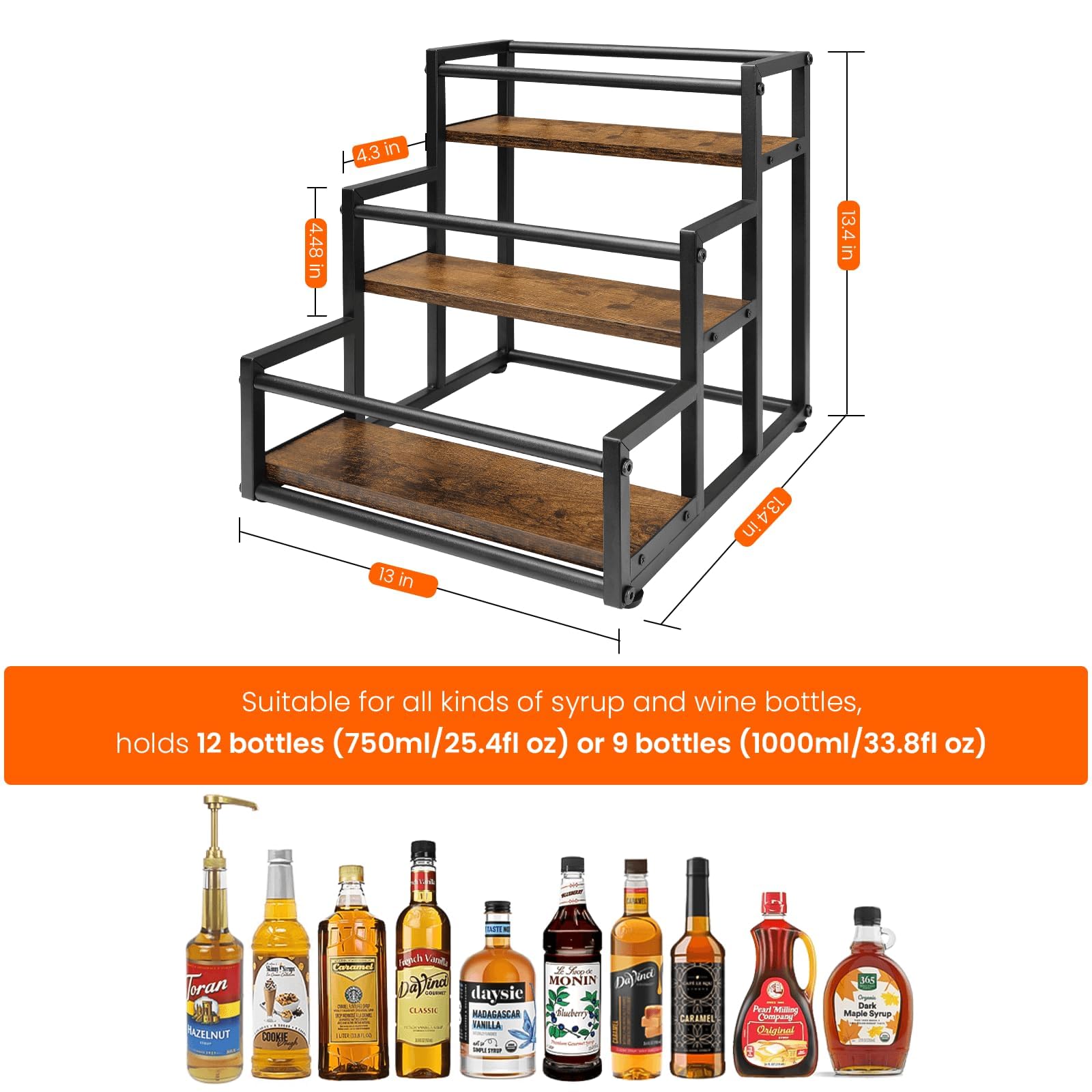 Homode Coffee Syrup Rack Organizer, 12 Bottle Syrup Holder Stand for Coffee Bar, 3 Tier Shelf Storage Rack for Liquor Syrup Wine for Countertop, Kitchen, Coffee Station, Rustic Brown Black