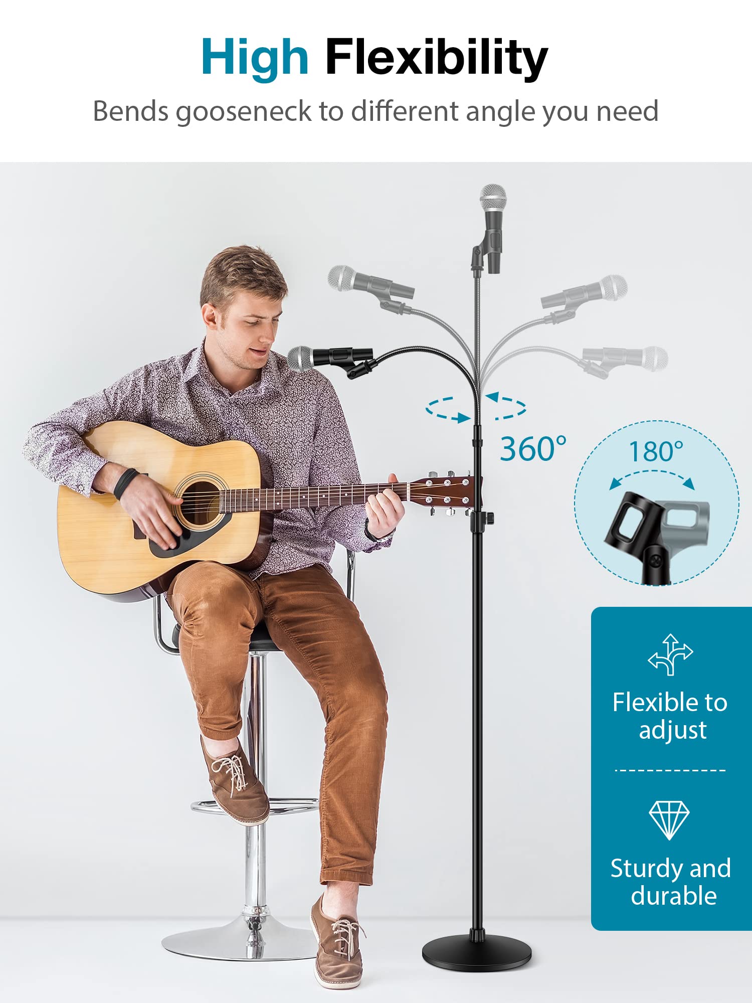 InnoGear Microphone Stand, Mic Stand Detachable Gooseneck Mic Floor Stand Height Adjustable from 32” to 70” with Weighted Round Base for Blue Yeti Blue Snowball Shure SM7B Shure SM58 Samson Q2U