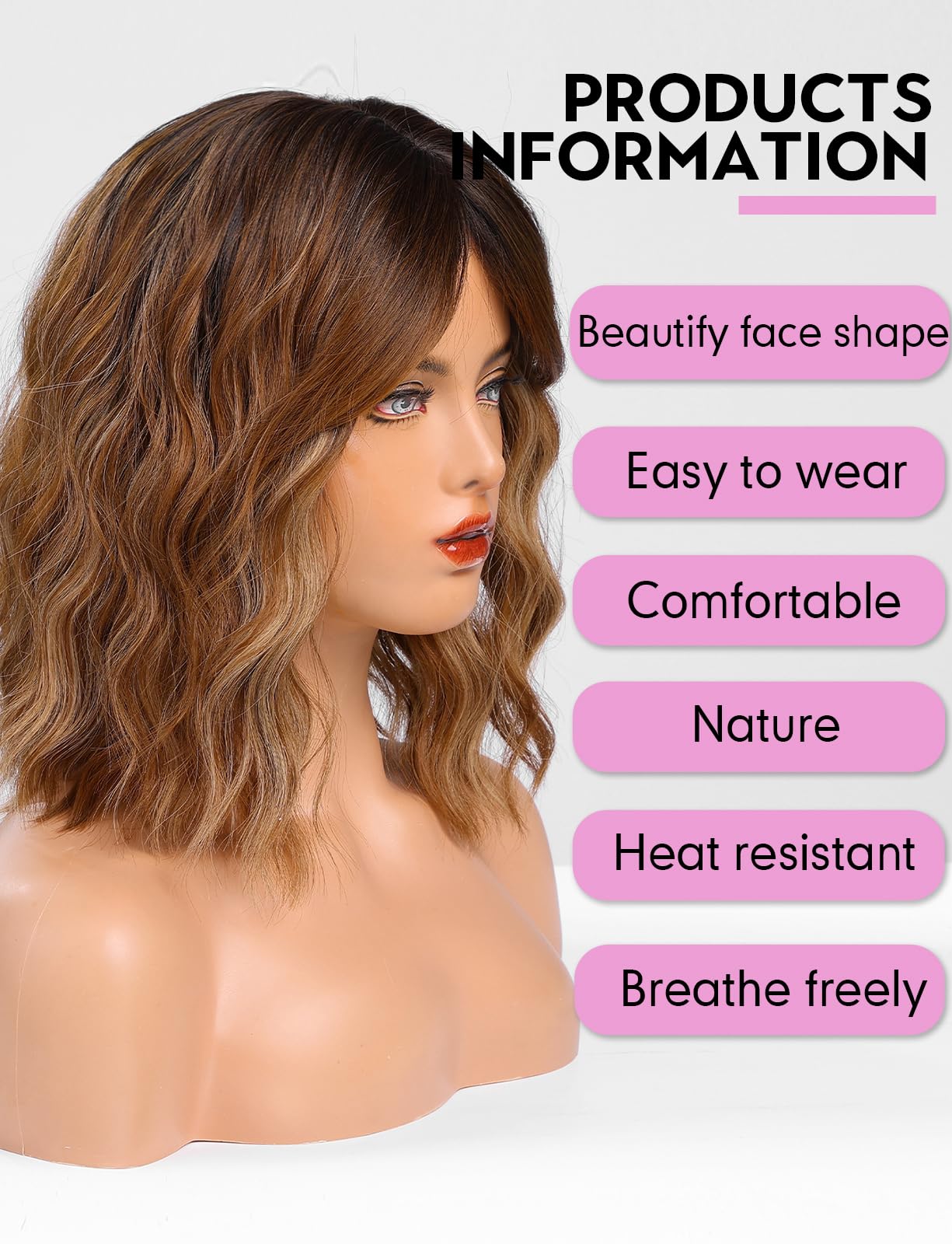 Getshow Brown Bob Wigs for Women,Synthetic Wavy Curly Hair Wig with Bangs for Daily Use