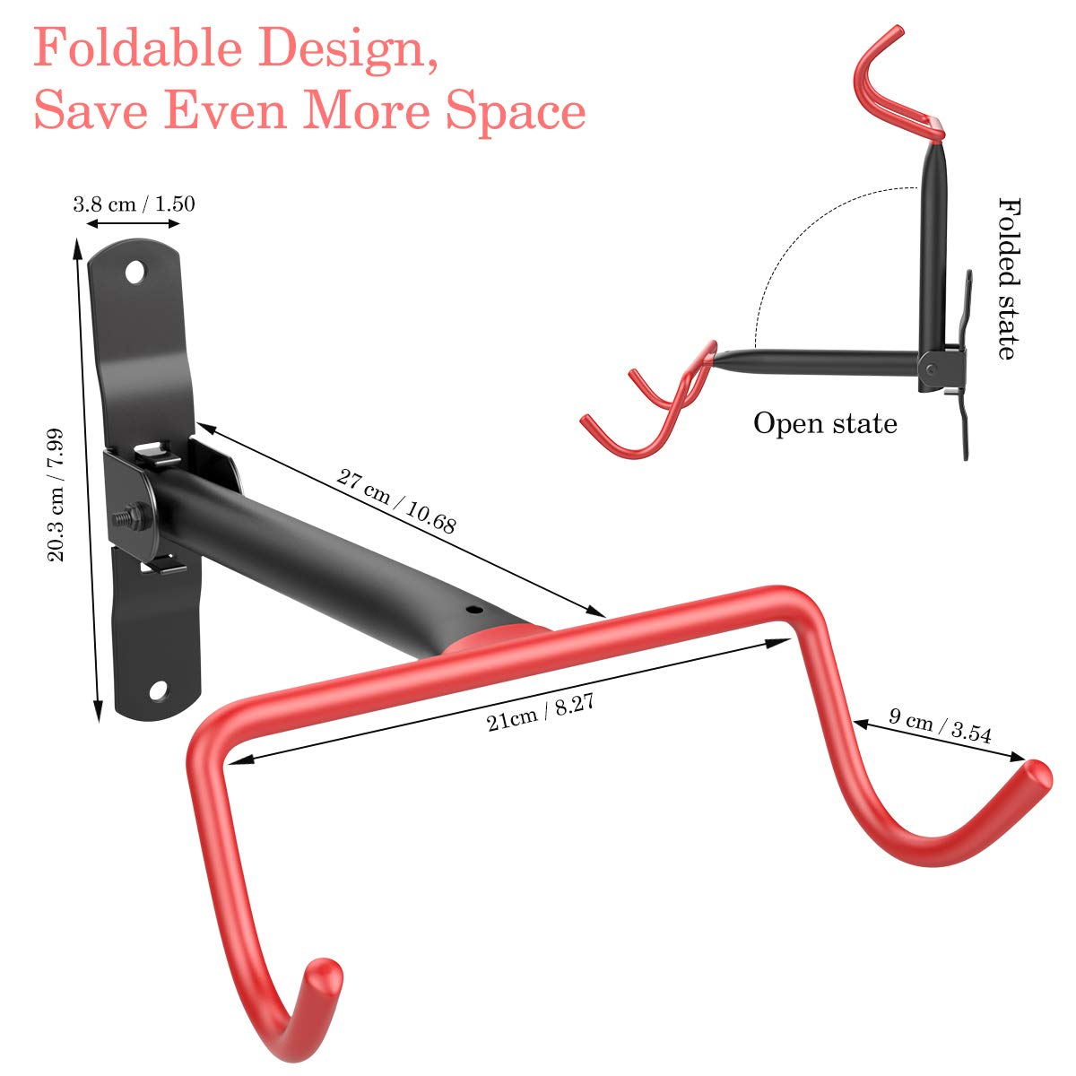 Housolution Bike Hanger Rack, Heavy Duty Foldable Garage Wall Mount Bike Hanger Storage System, Horizontal Bike Hook with Anti-Scratch Rubber Coating - Holds up to 66 lb with Screws - Orange