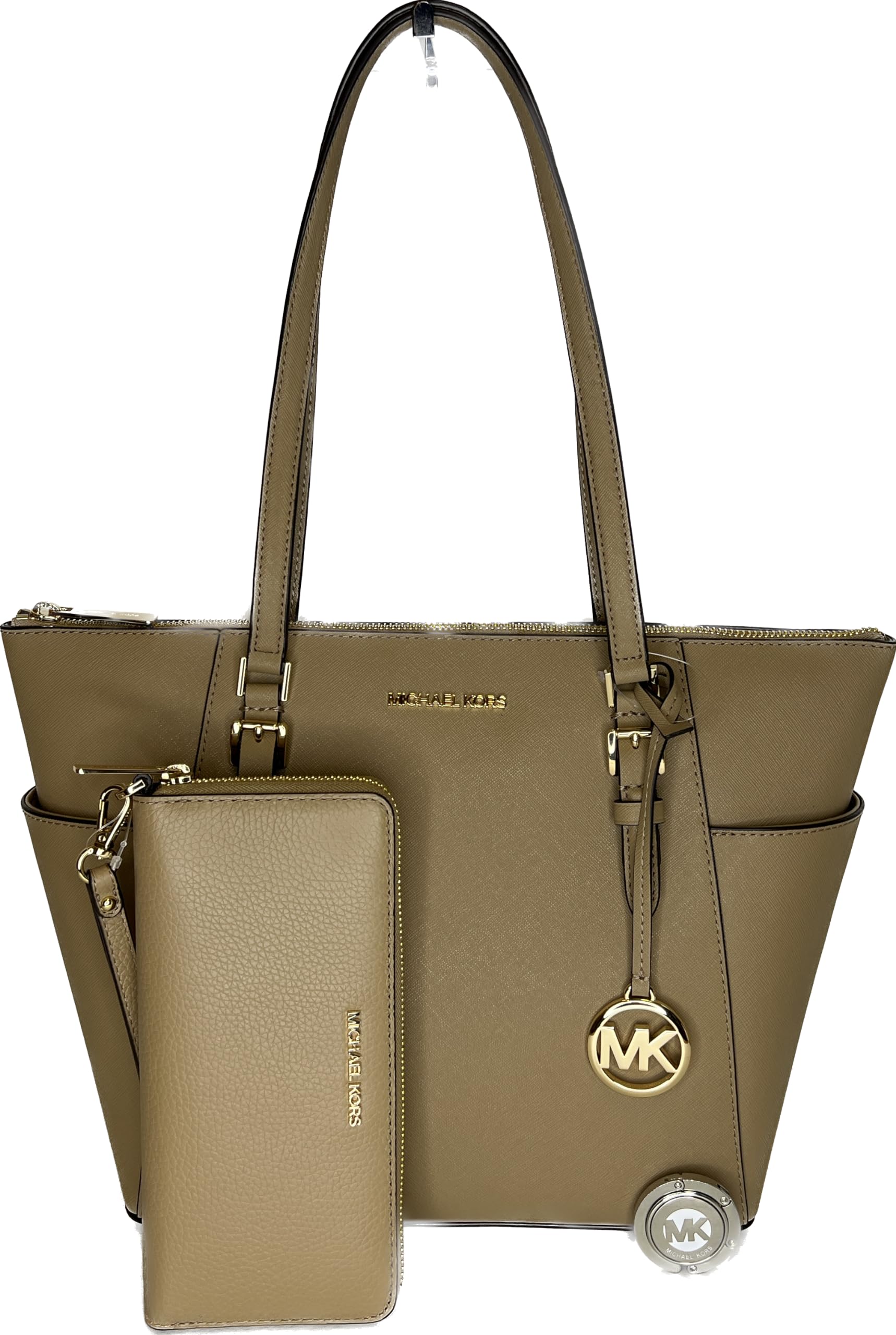 Michael Kors Charlotte Large Zip Tote bundled with matching Continental Wristlet and Purse Hook (Sig MK Mulberry)