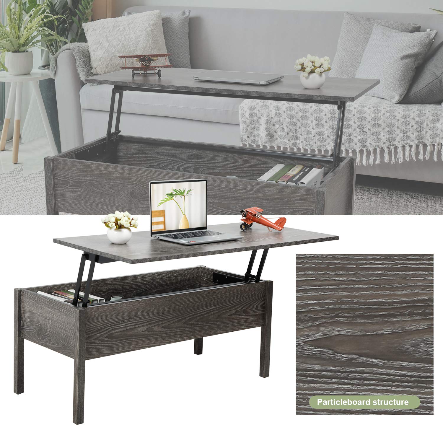 JAXPETY Lift Top Coffee Table with Hidden Compartment and Storage Cabinet, Modern Furniture for Home, Living Room, Reception Room, Grey Oak