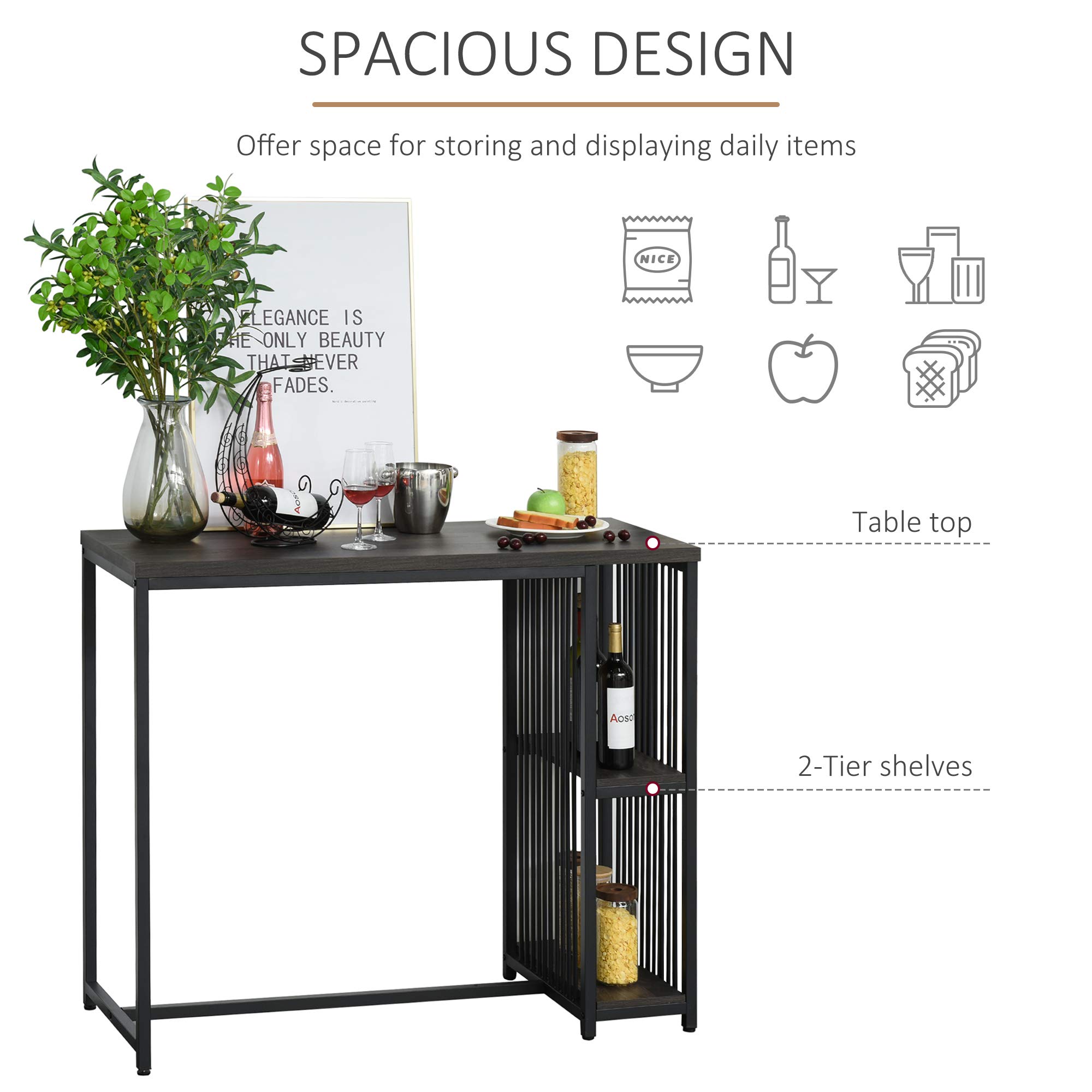 HOMCOM Industrial Steel Tube Bar Table with Wood Top, Steel Frame, 2-Tier Storage Shelf, Adjustable Footpad, Pub Table for Kitchen Dining Room, Walnut