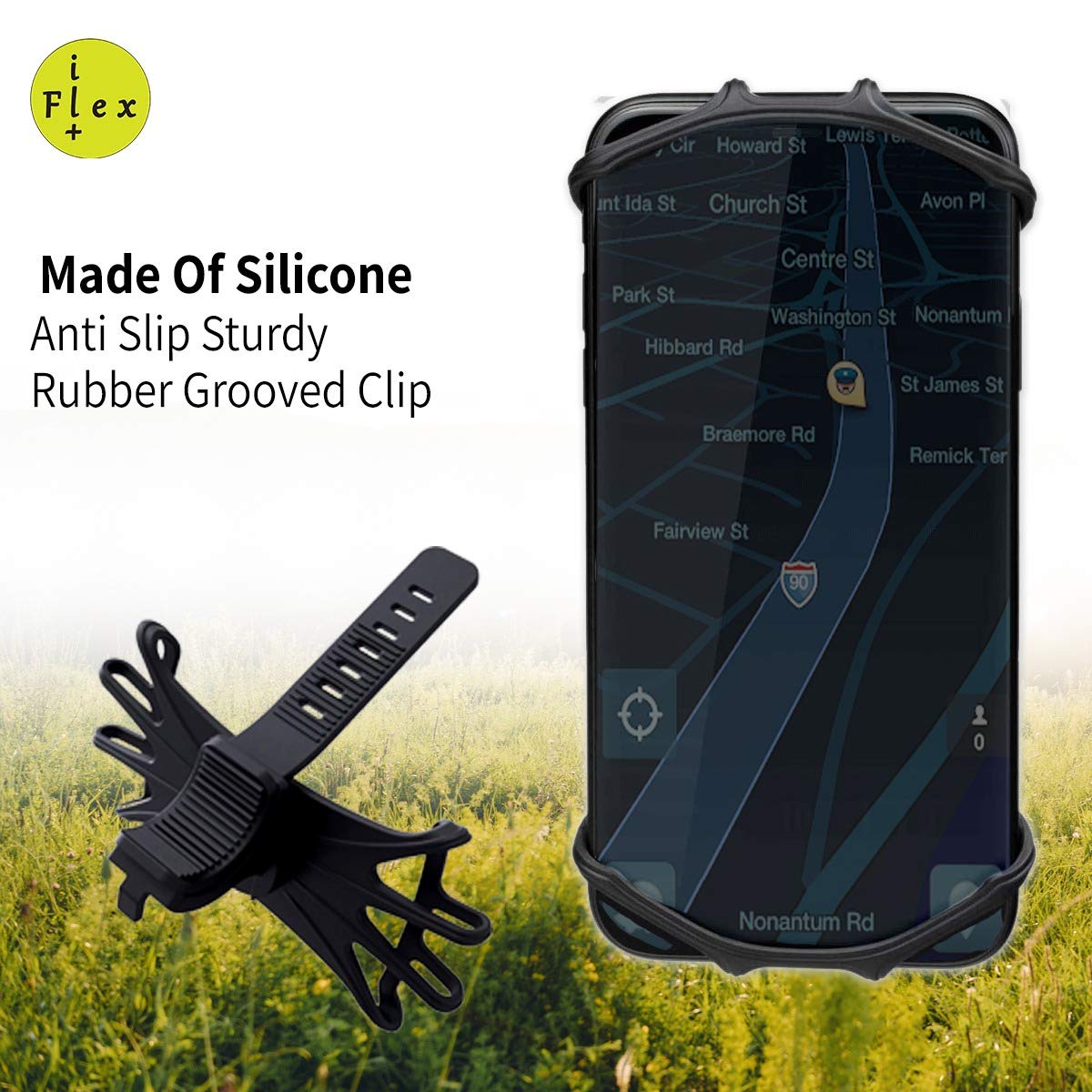 iFlexplus Bike Phone Holder for iPhone 12 Pro/12 mini/12/11 Pro Max/XR/8, Samsung S20/S10, Adjustable Universal Silicone Phone Mount for Bicycle/Stroller/Handlebar Accessories (1 Pack)