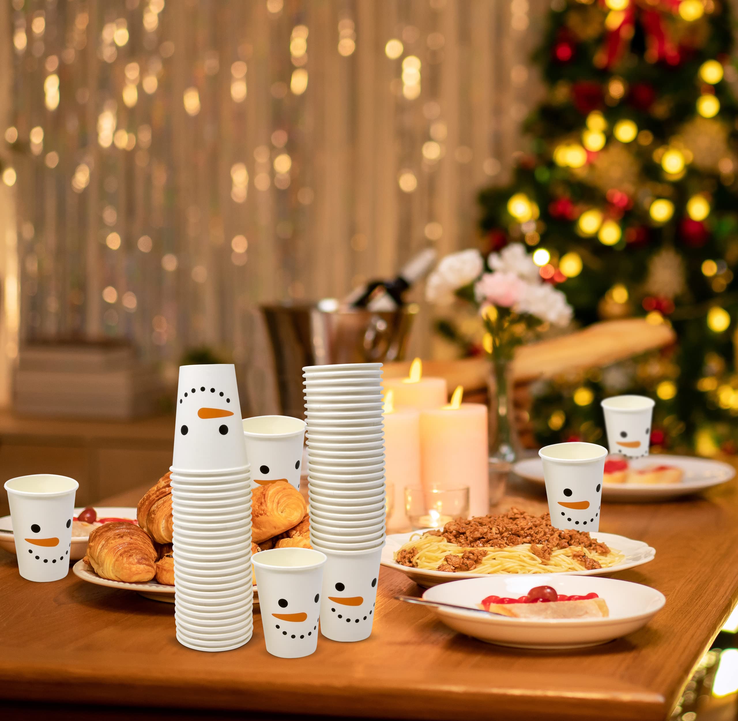 Gift Boutique 50 Disposable Christmas Snowman Cups 9 Oz. Paper Dinner Drinking Cup in Cute Xmas Winter Snow Man Design Beverage Drink Dinnerware Set for Festive Holiday Tableware Party Supplies