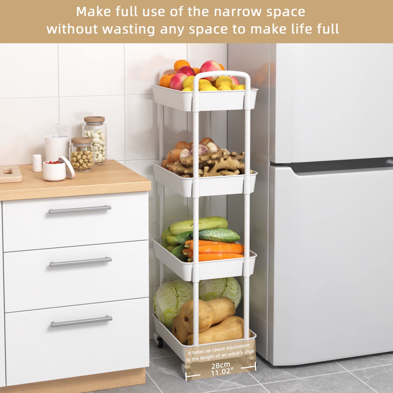 JIUYOTREE 4-Tier Rolling Storage Cart Utility Cart with Lockable Wheels for Living Room Bathroom Kitchen Office White