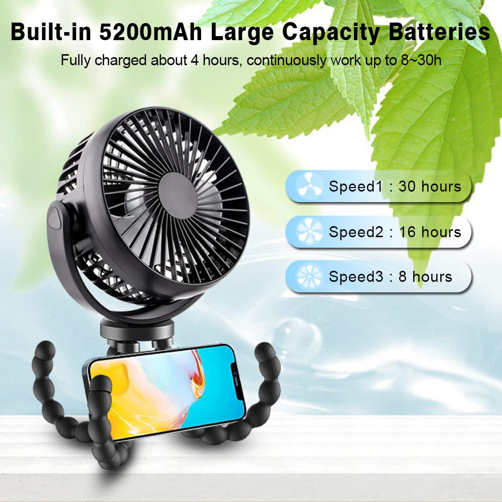 LICHTEE Battery Operated Baby Stroller Fan ,Portable Small Personal Fan, Rechargeable USB Desk Fan with Charging your Phone Three-speed Adjustment Clip on for Stroller Car Seat/Kitchen/Umbrella/Desk/Golf Cart