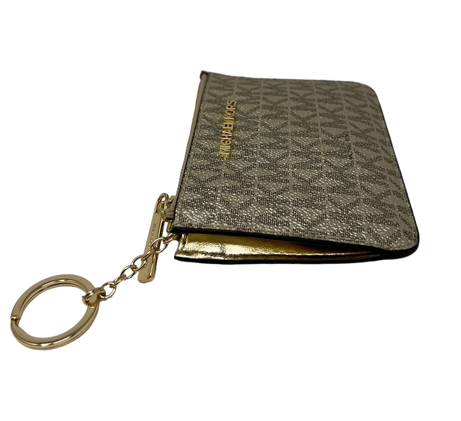 Michael Kors Jet Set Travel Zip Top Key Chain Coin Pouch Pale Gold Signature Logo