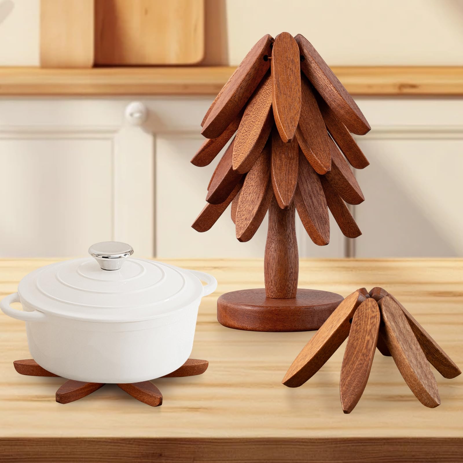 Vertdens Wooden Trivets for Hot Dishes, Tree Shape Trivet Set,Hot Dish Coaster with Tree-Shaped Wood Collapsible Hot Pad Trivet Tree for Restaurant,4 Wooden Trivet + 1 Stand(Walnut Wood)