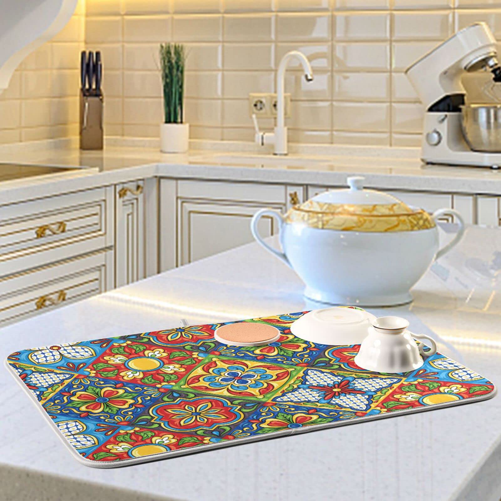 Mexican Talavera Tile Dish Drying Mat for Kitchen Counter, Microfiber Dish Drainer Mat for Kitchen Countertop 18 x 24 inch