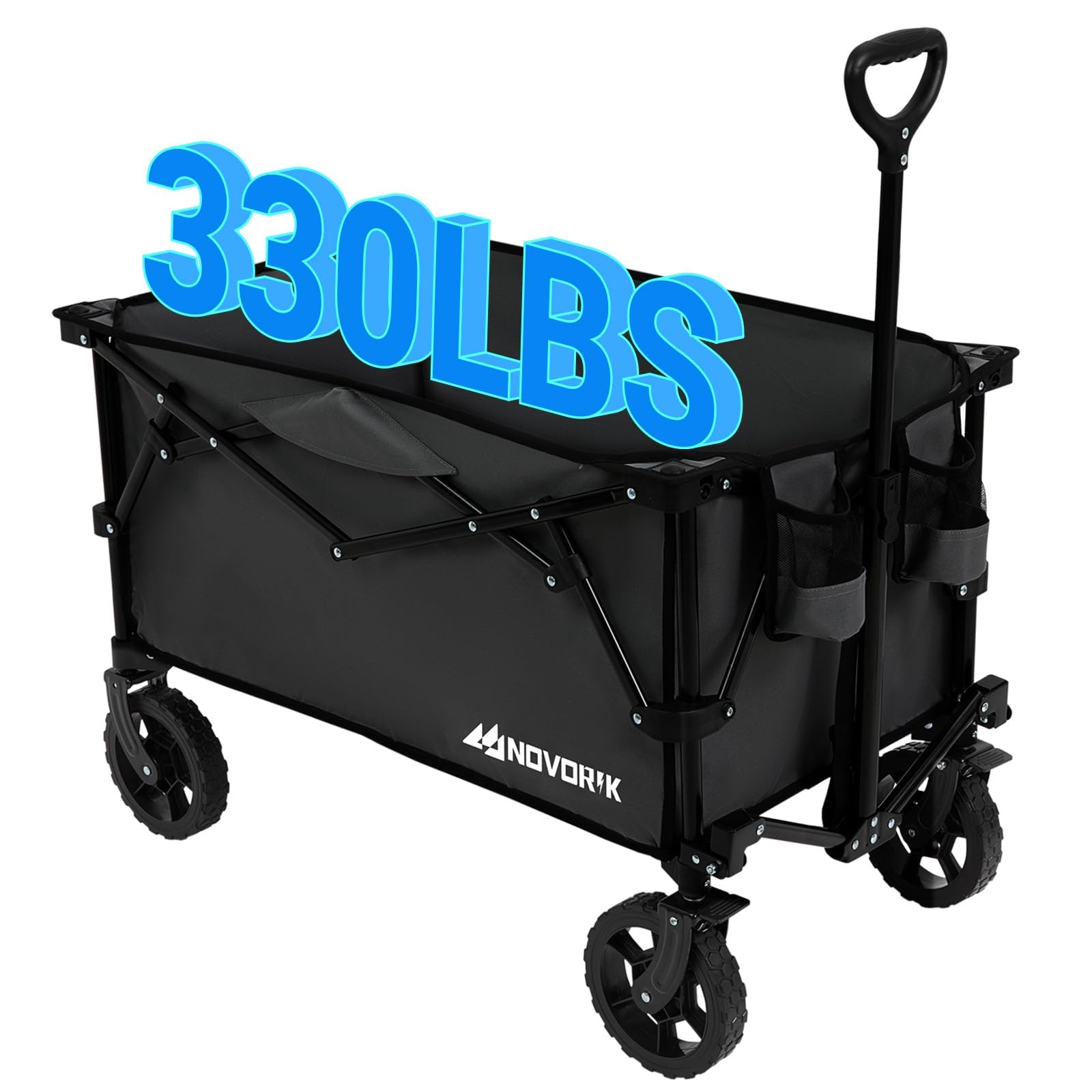 NOVORIK Collapsible Foldable Wagon Black, Folding Outdoor Utility Wagon 330lbs Weight Capacity, with All Terrain Wheels, Cup Holders, Adjustable Handle, Heavy Duty Cart for Camping, Shopping