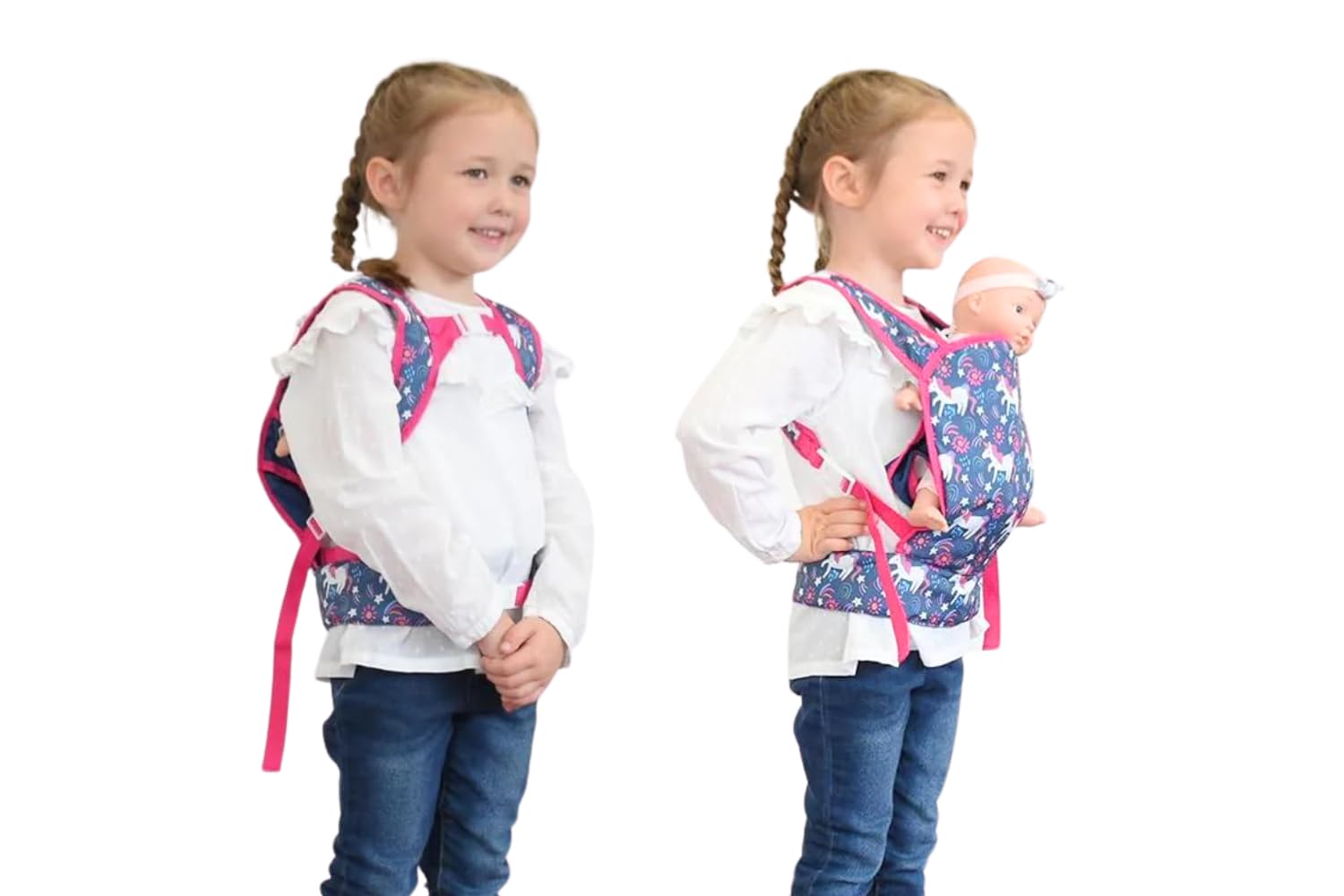 KOOKAMUNGA KIDS Baby Doll Carrier - Adjustable Straps to Fit All w/Comfort Padding - Works as a Front Doll Carrier or Doll Backpack Carrier - Soft Headrest - Ideal for Dolls Up to 18” - Navy Unicorn